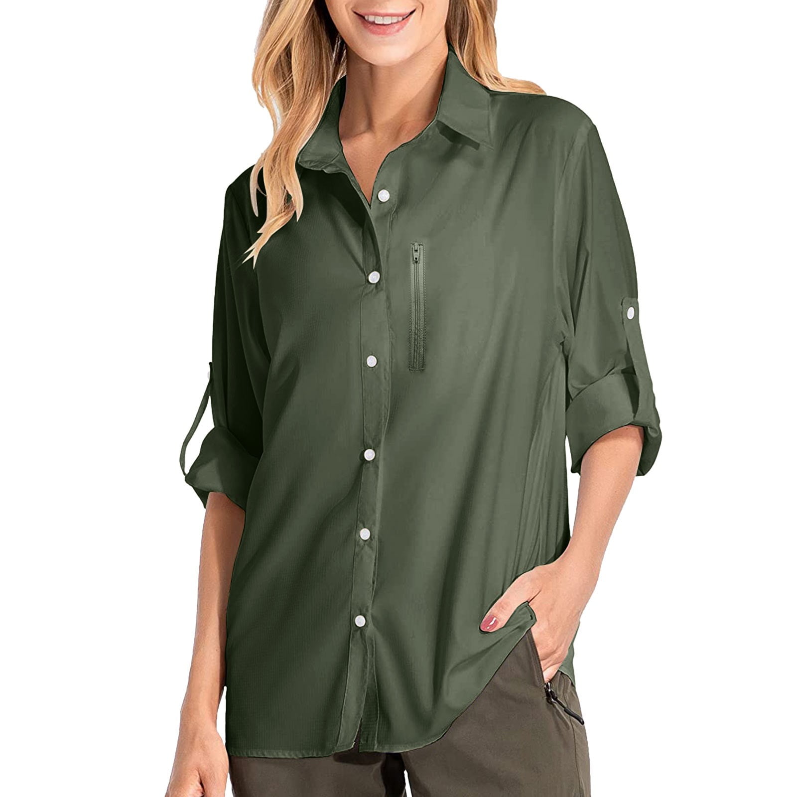 CUZIBR Womens Long Sleeve Shirts Solid Color Button Down Turndown ...