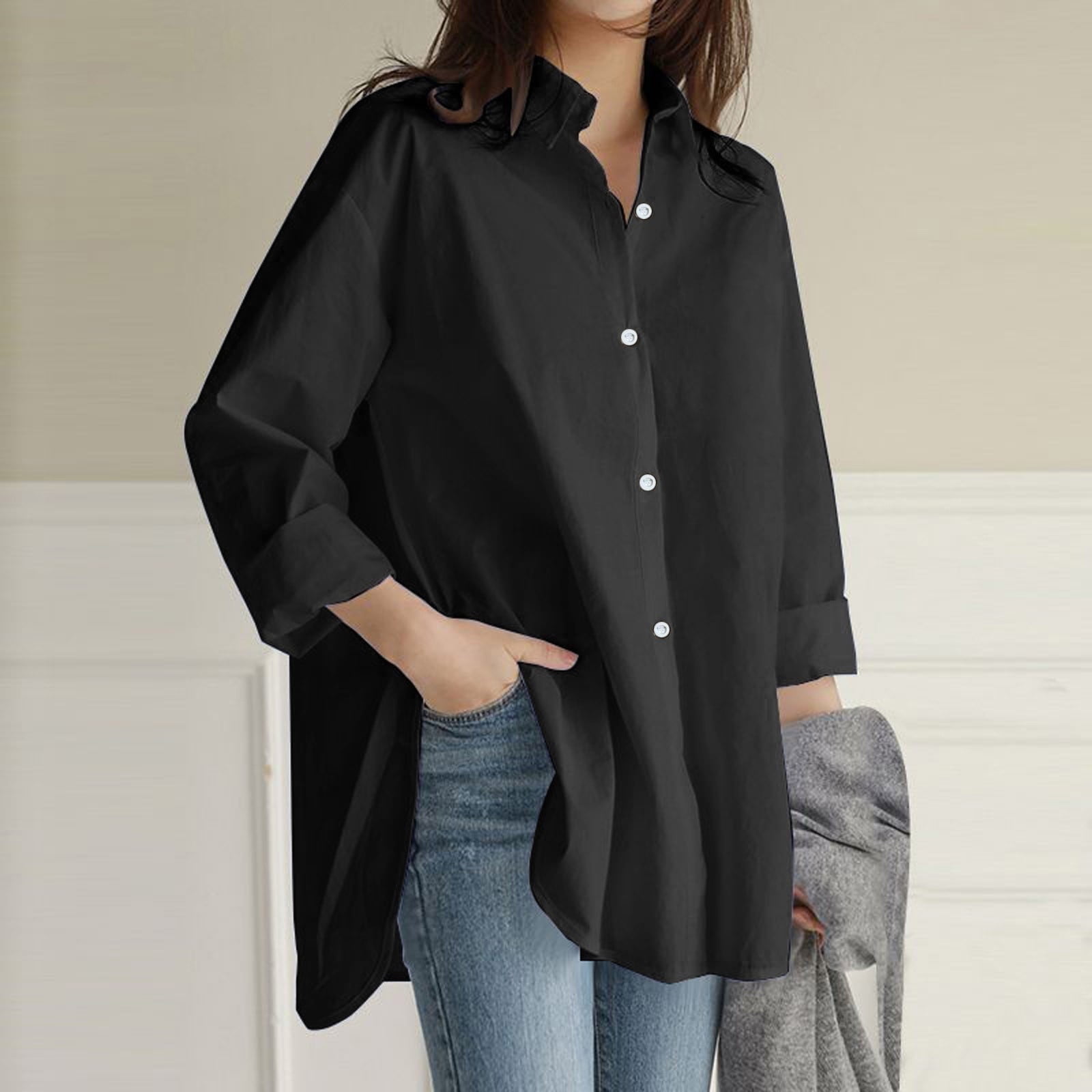 CUZIBR Womens Long Sleeve Shirts Solid Color Button Down Turndown ...