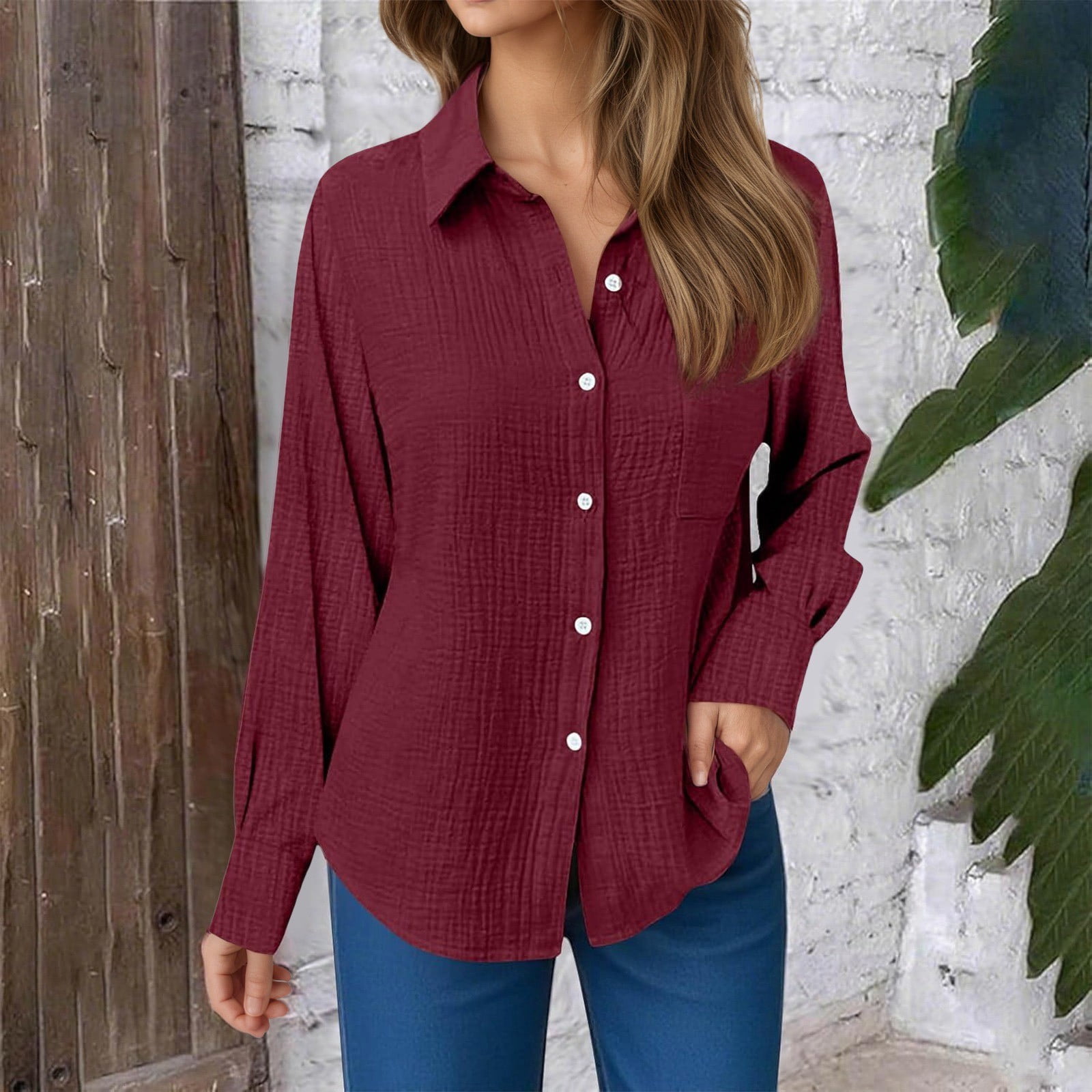 CUZIBR Womens Long Sleeve Shirts Solid Color Button Down Turndown ...