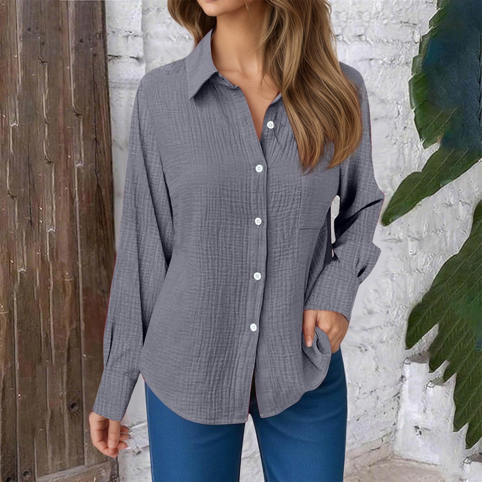 CUZIBR Womens Long Sleeve Shirts Solid Color Button Down Turndown ...