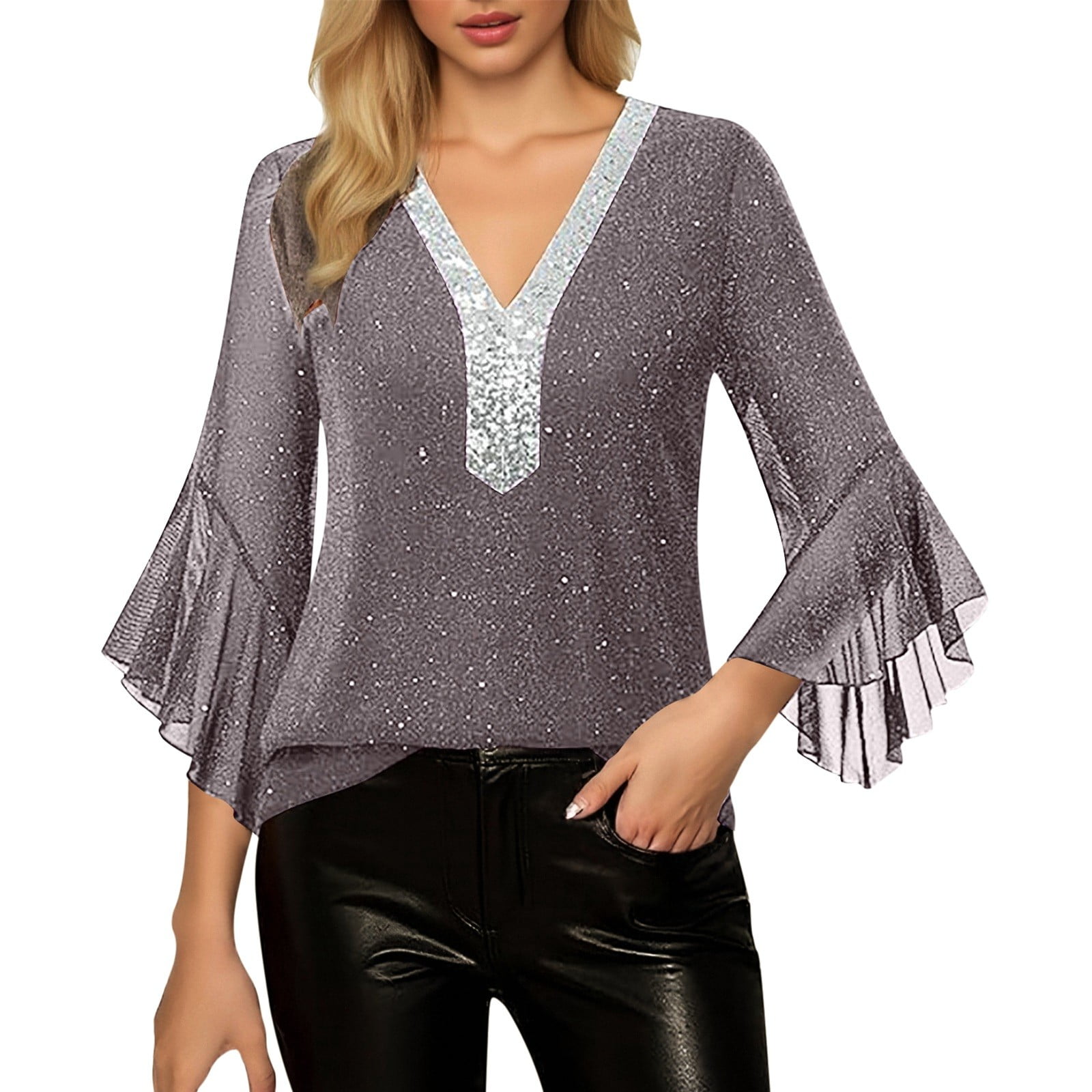 CUZIBR Womens V-Neck Shirt Sequins 3/4 Flare Sleeve Solid Color Mesh ...