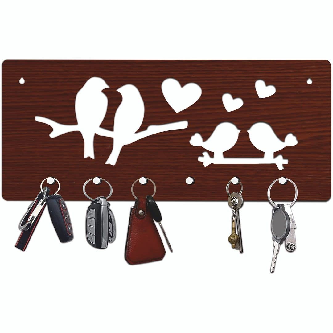 CVANU Bird Couples Wall Wooden Key Holder with 6 Knobs Hook for Hanging ...