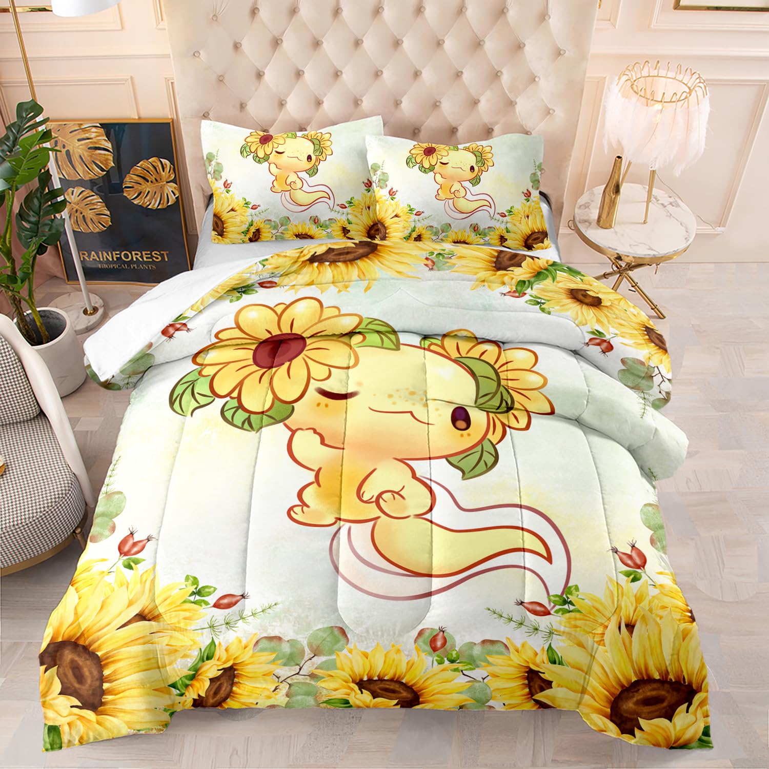 CVHOUSE Kawaii Axolotl Bedding Set - Twin Sunflower Quilt Set with ...