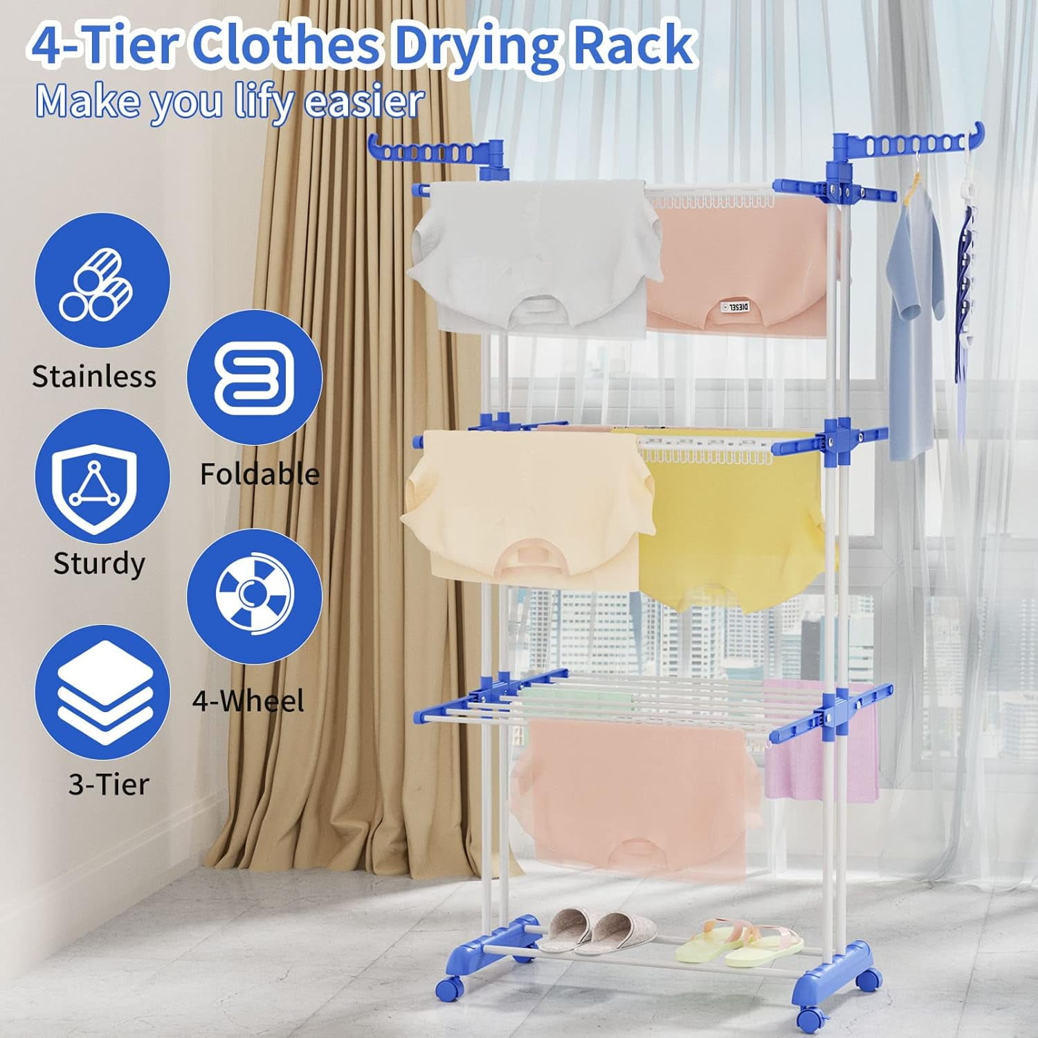 CVYIBOU Clothes Drying Rack Folding Clothes Rail Storage Rack 4 Tier ...