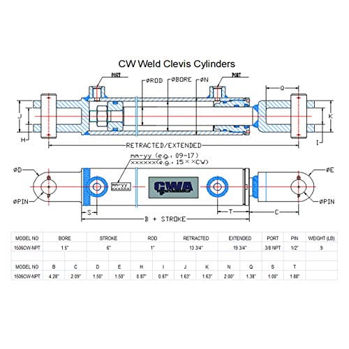 CW Weld Clevis Cylinder 1 1/2" Bore x 6" Stroke x 1" Rod x 3/8 NPT Port ...