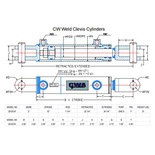 CW Weld Clevis Cylinder 2" Bore x 12" Stroke x 1 1/4" Rod x SAE 6 Port ...