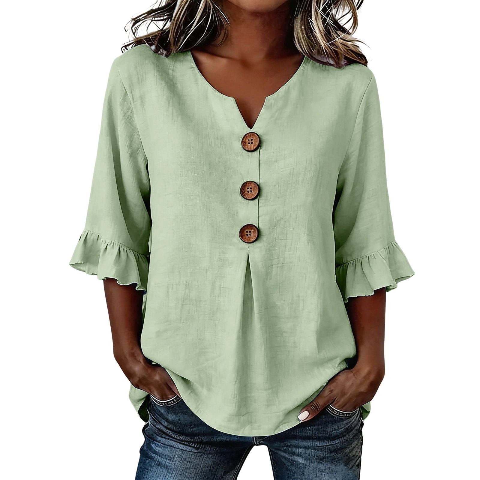 CXHEGBEJ 3/4 Ruffled Sleeve Shirt For Women Cotton Linen Dressy Casual ...