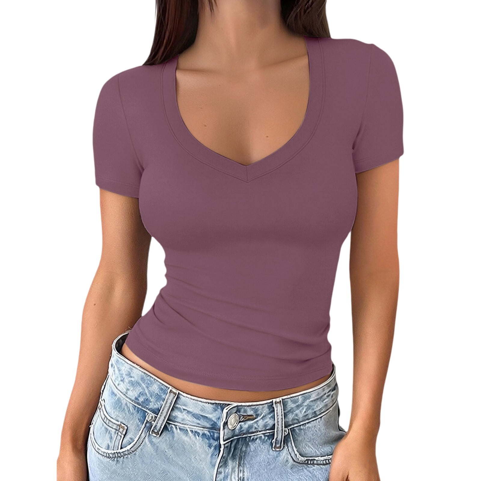 CXHEGBEJ Deep V-Neck Blouse for Women Short Sleeve Slim Fitted T-Shirt ...