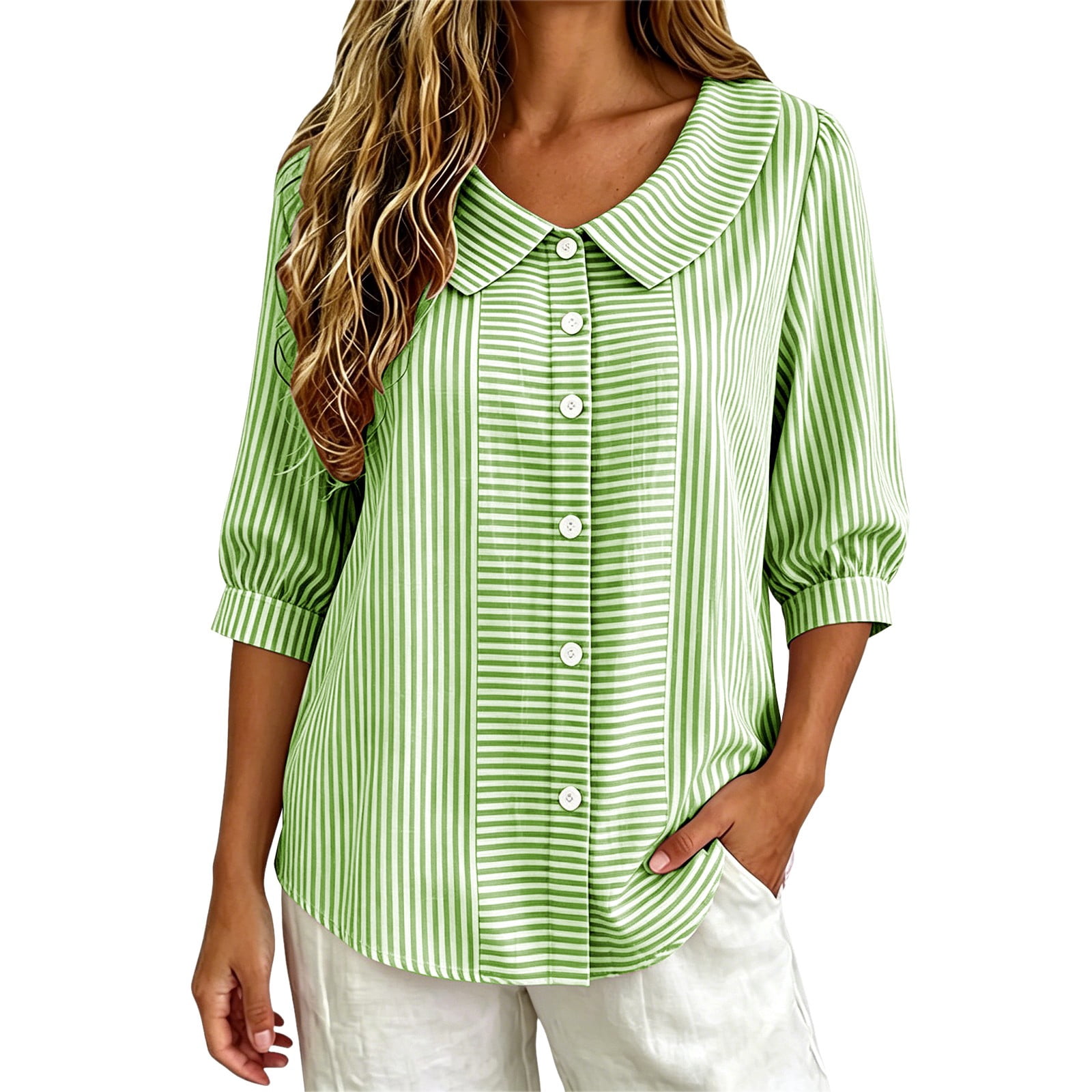 CXHEGBEJ Striped Printed 3/4 Puff Sleeve Shirts For Women Button Down ...
