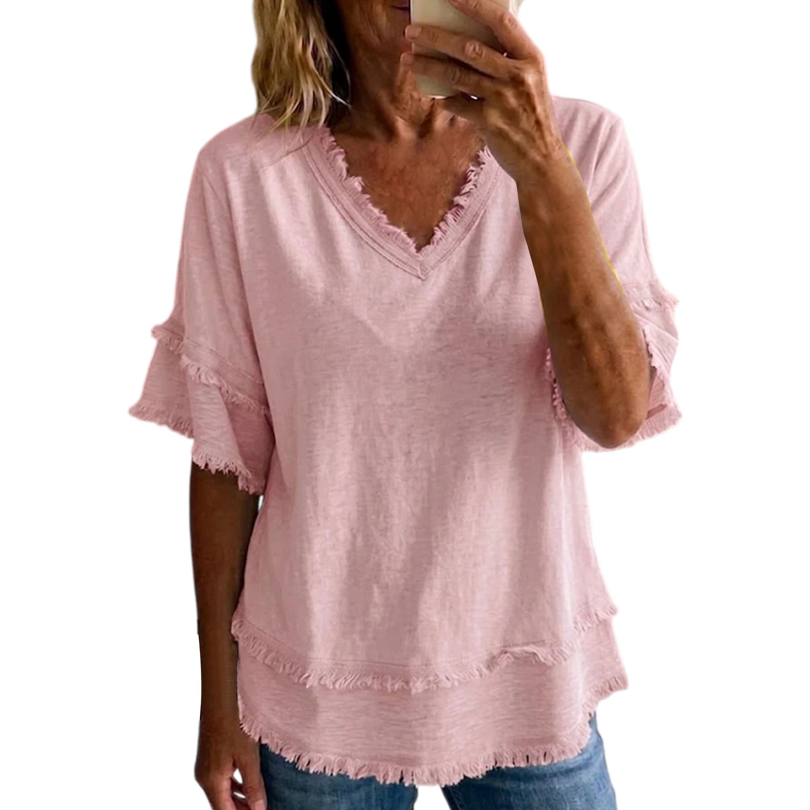 CXHEGBEJ Womens Raw Edge V-Neck Loose Fits Shirt Blouse, Solid Color ...
