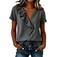 CXHEGBEJ Womens Short Sleeve Ruffle Trim V-Neck Linen Blended Blouse ...