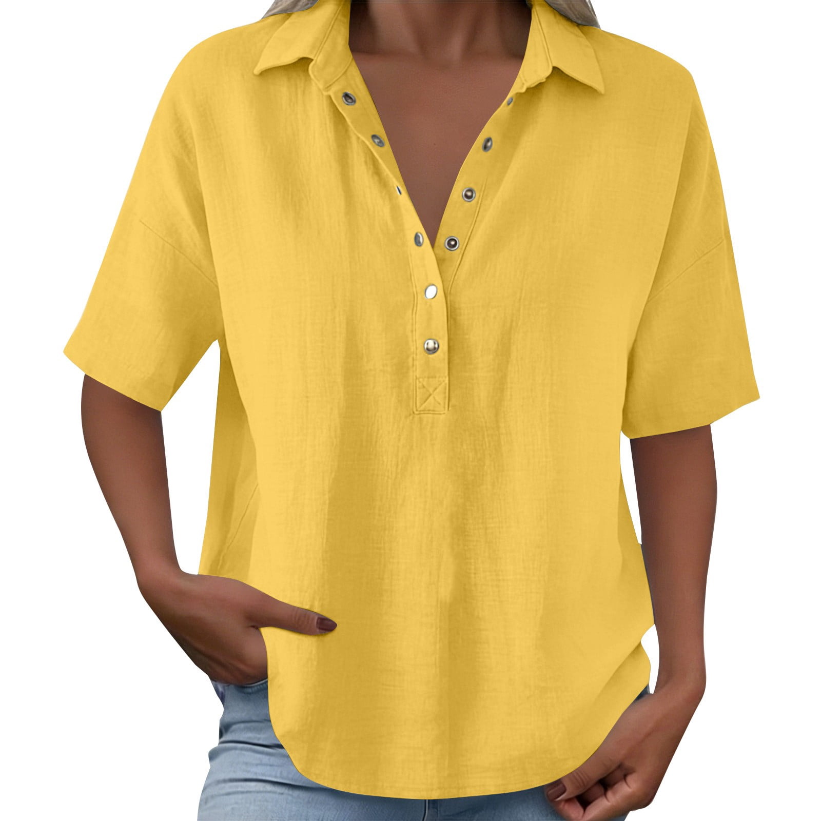 CXHEGBEJ Womens Solid Color Loose Fit Button Down Lapel V-Neck Pullover ...