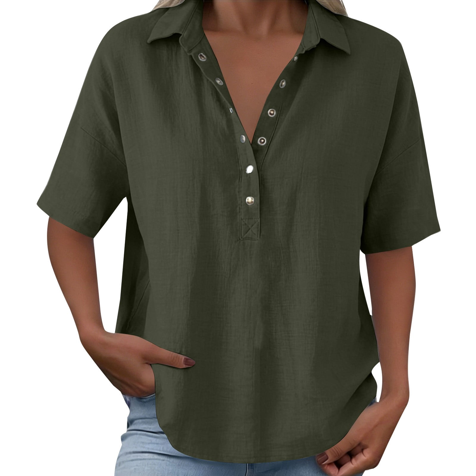 CXHEGBEJ Womens Solid Color Loose Fit Button Down Lapel V-Neck Pullover ...