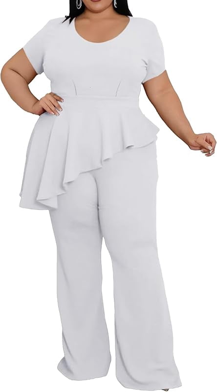 CXXQ Women's Plus Size 2 Piece Outfits Suit Set Short Sleeve Peplum Top ...
