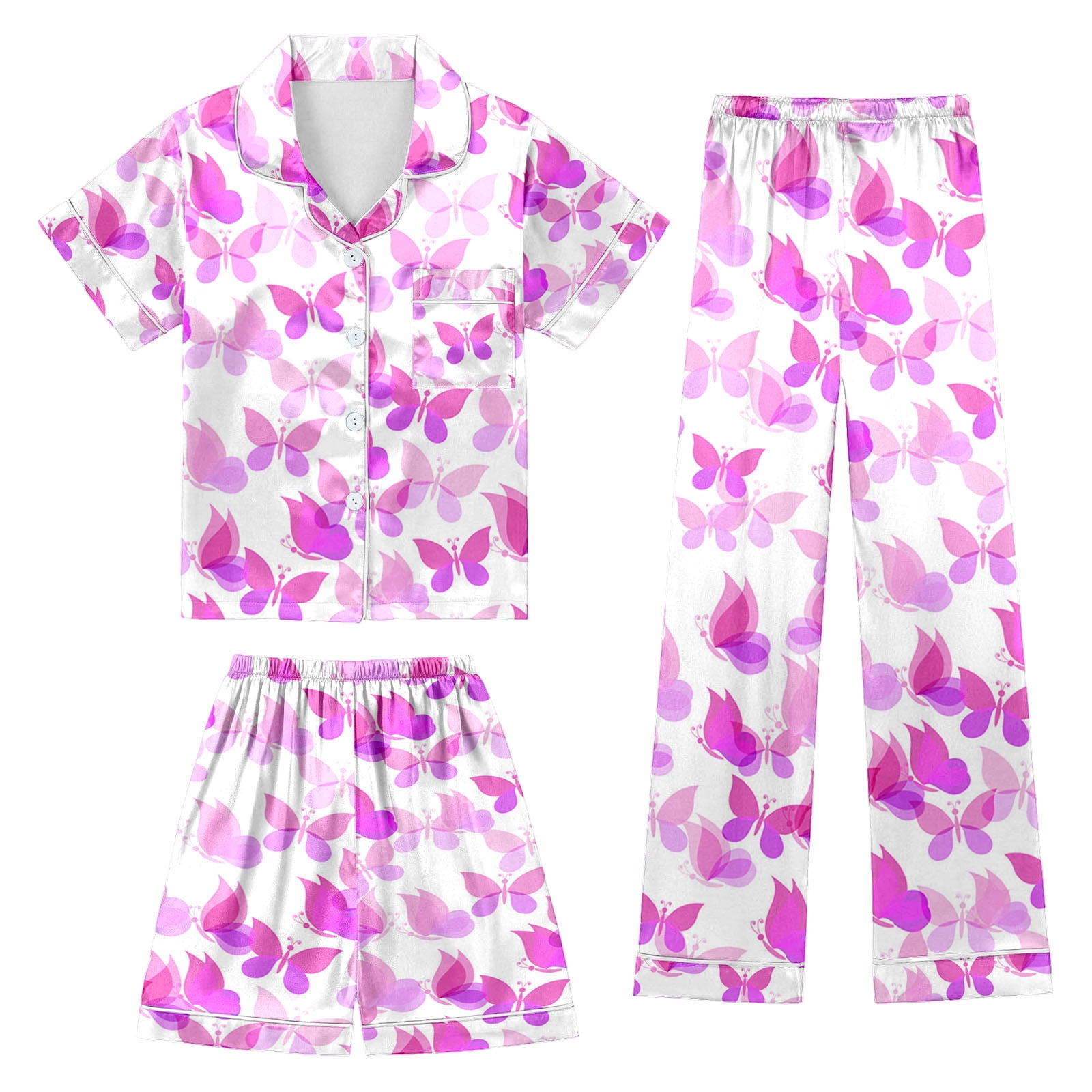 CXYYY Girls Silk Like Pajamas 3 Piece Set Supersoft Stain Sleepwear ...