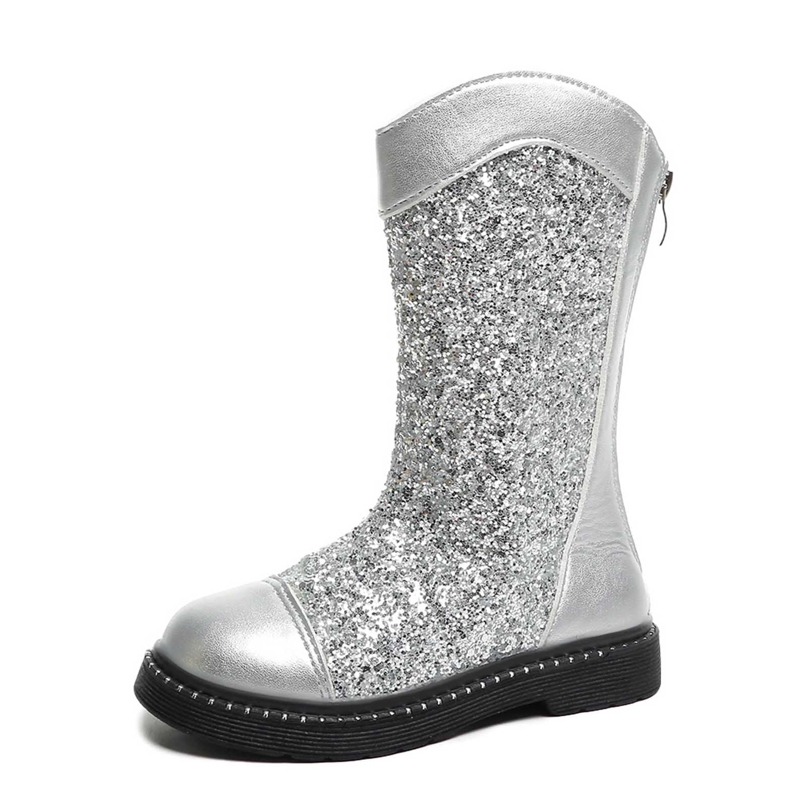 CXYYY Silver Sparkly Faux Leather Boots for Girls Winter Trendy Mid ...