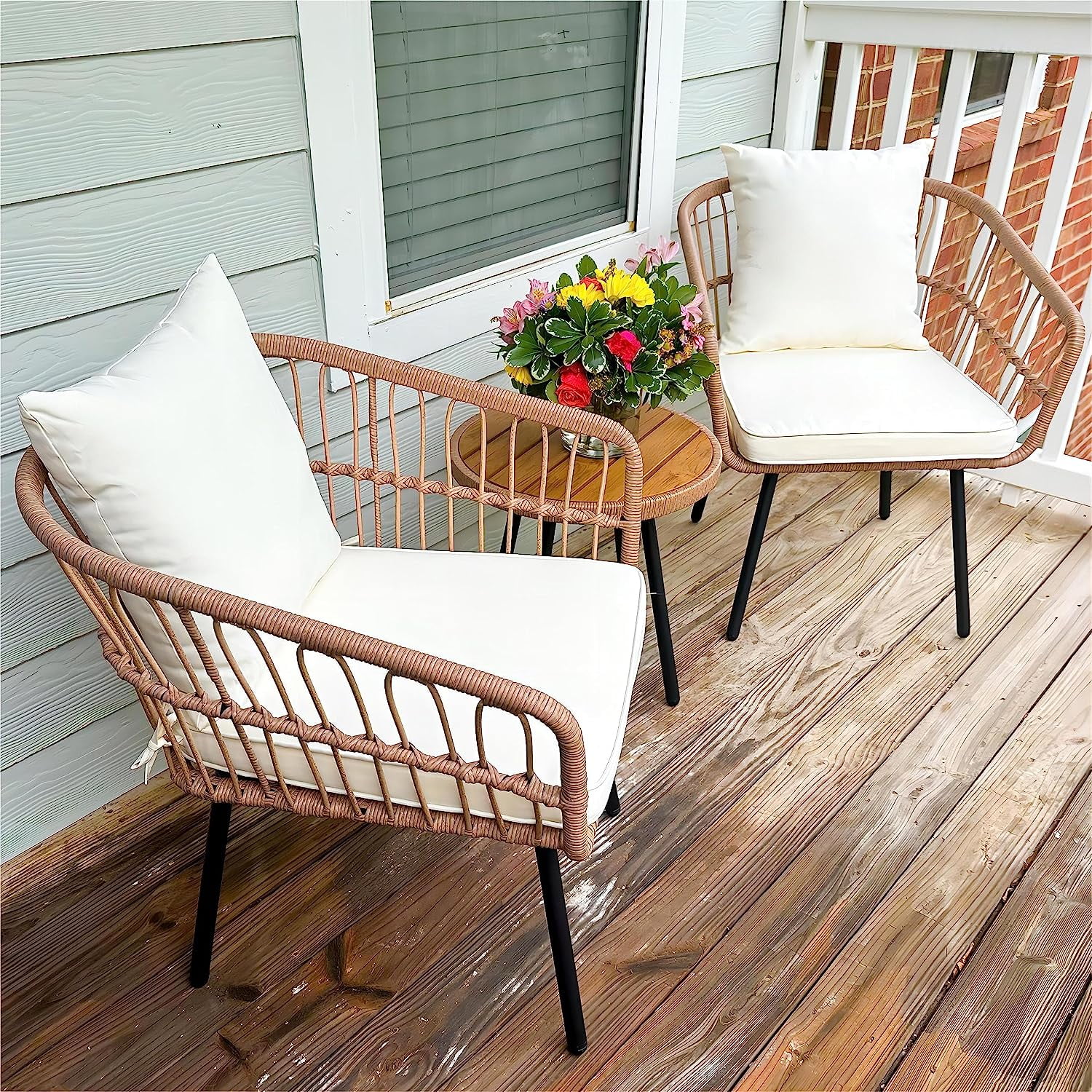 CY 3 Pieces Outdoor Wicker Patio Conversation Bistro Set, All-Weather ...