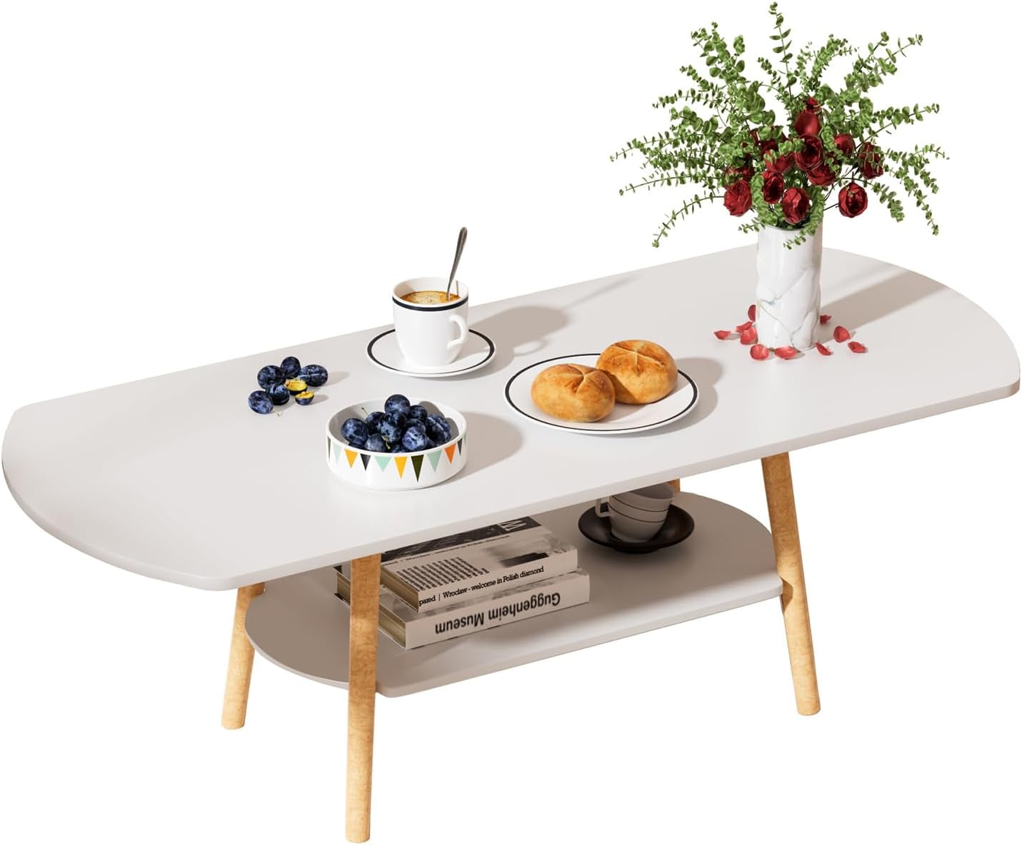 CY Modern 2 Tier Coffee Table for Living Room with Storage,White ...