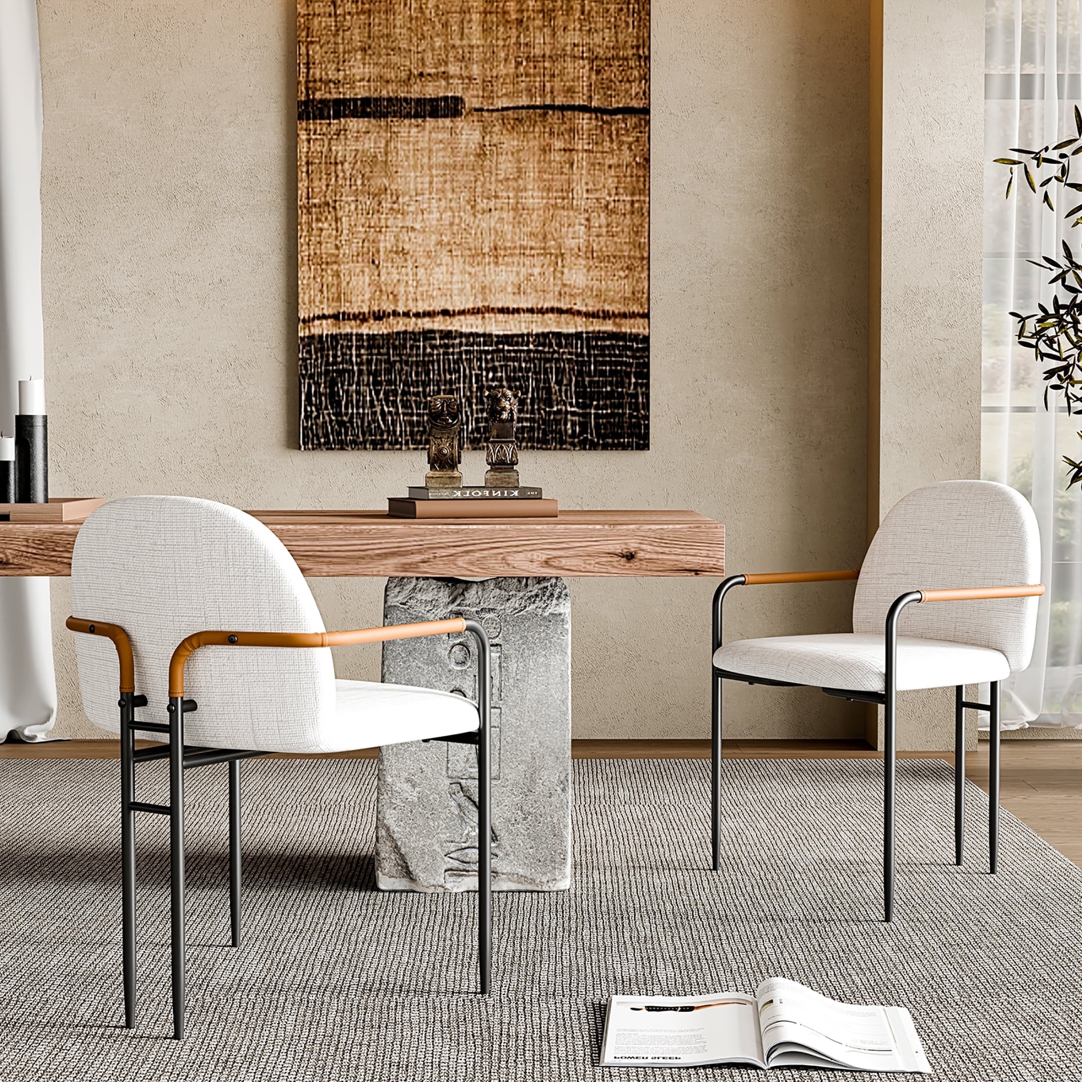 CY SISTERS White Linen Dining Chairs Set of 2, Mid-Century Modern ...