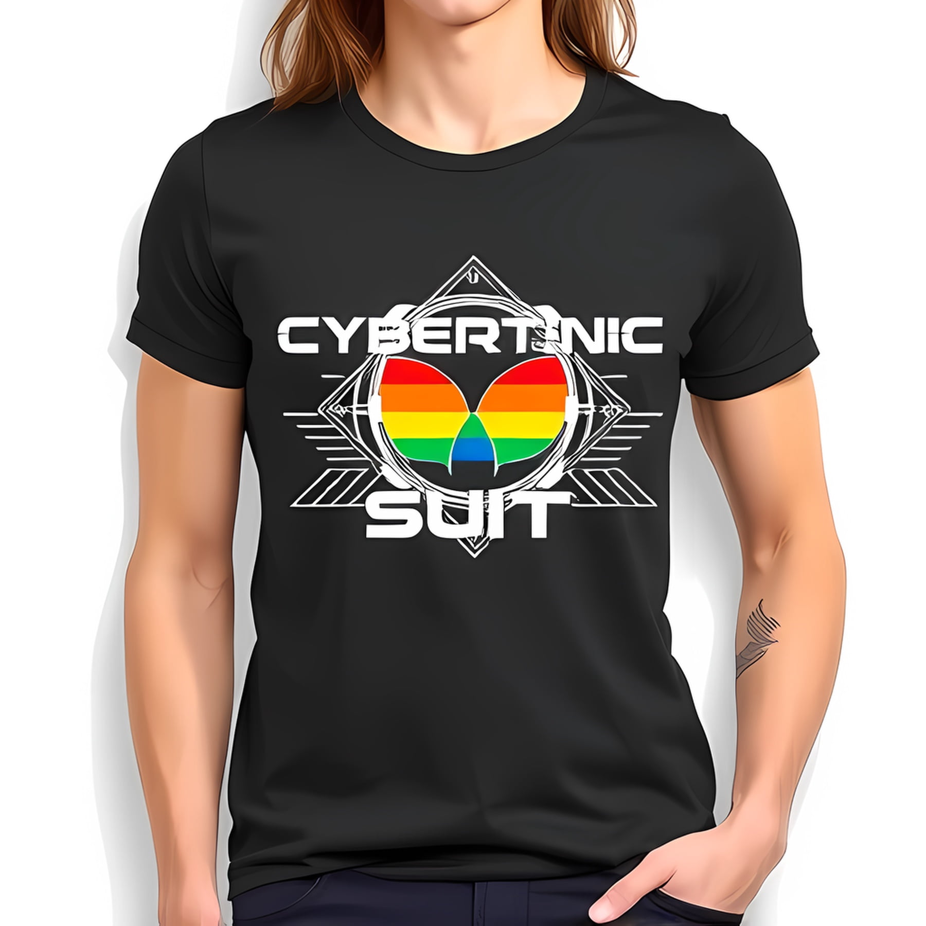 CYBERTONIC SUIT Black T-Shirt with Futuristic Design & Rainbow Wing ...