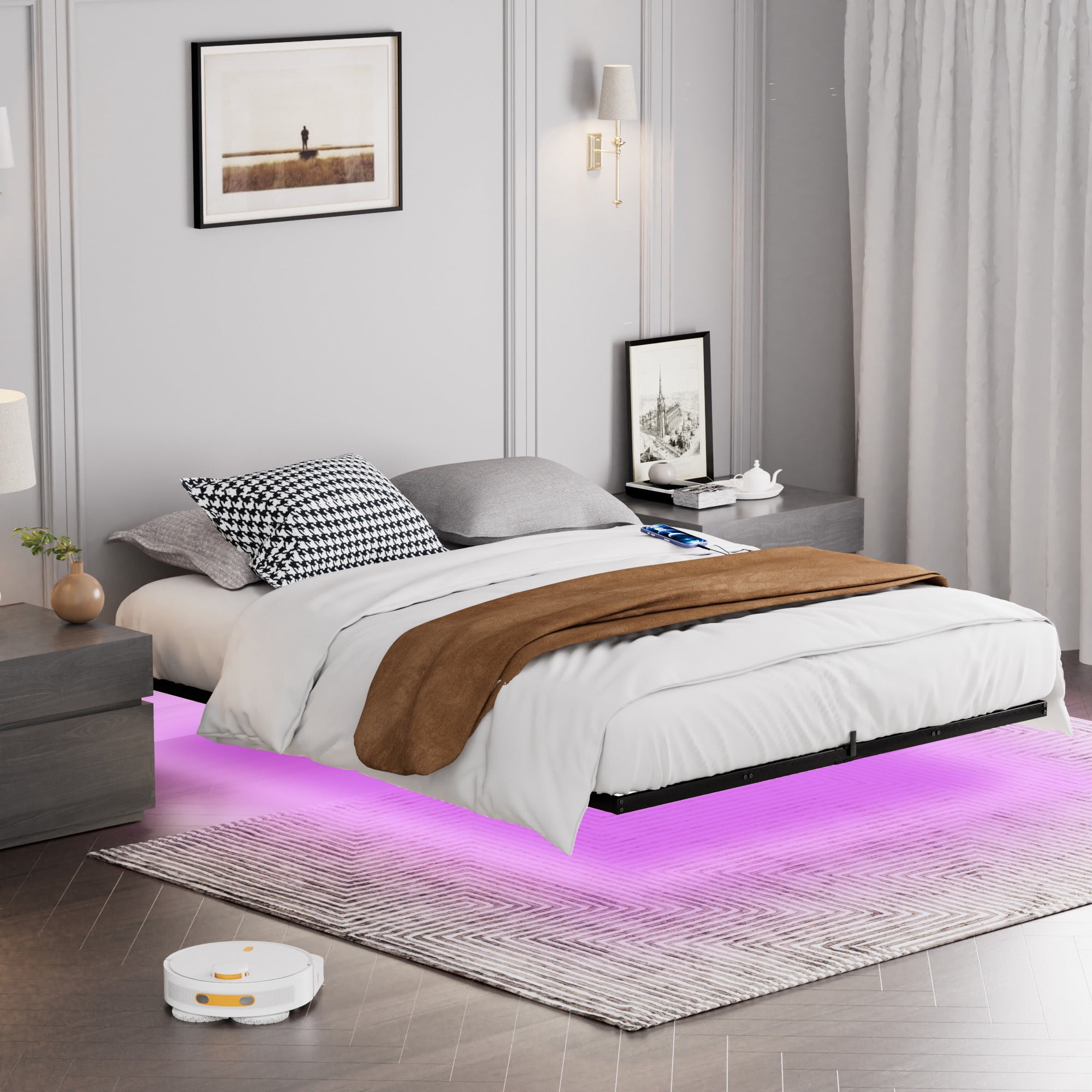 CYBORIS Floating Queen Size Platform Bed Frame with LED Lights ...