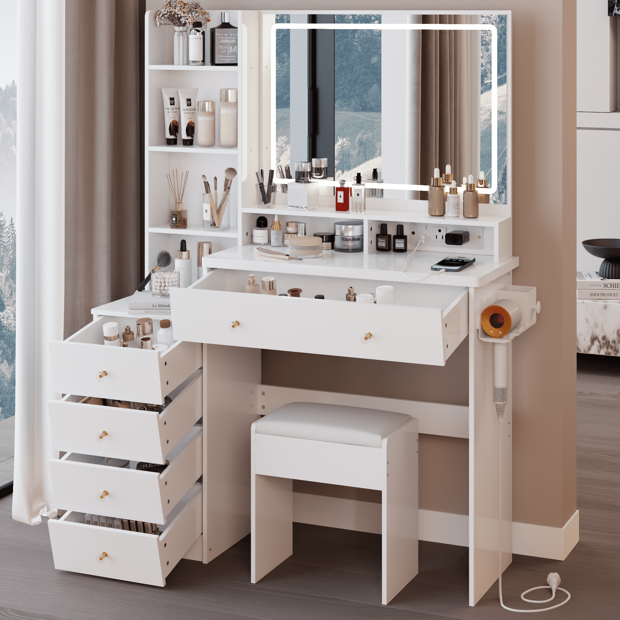 CYBORIS Large Makeup Table Set with LED Mirror and Chair, Vanity Set ...
