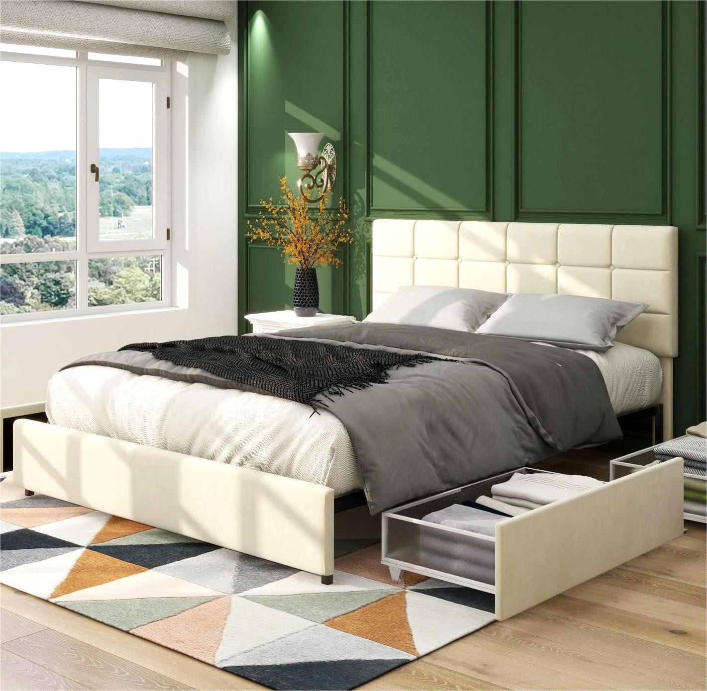 CYBORIS Queen Size Upholstered Platform Bed Frame with Storage Drawers ...