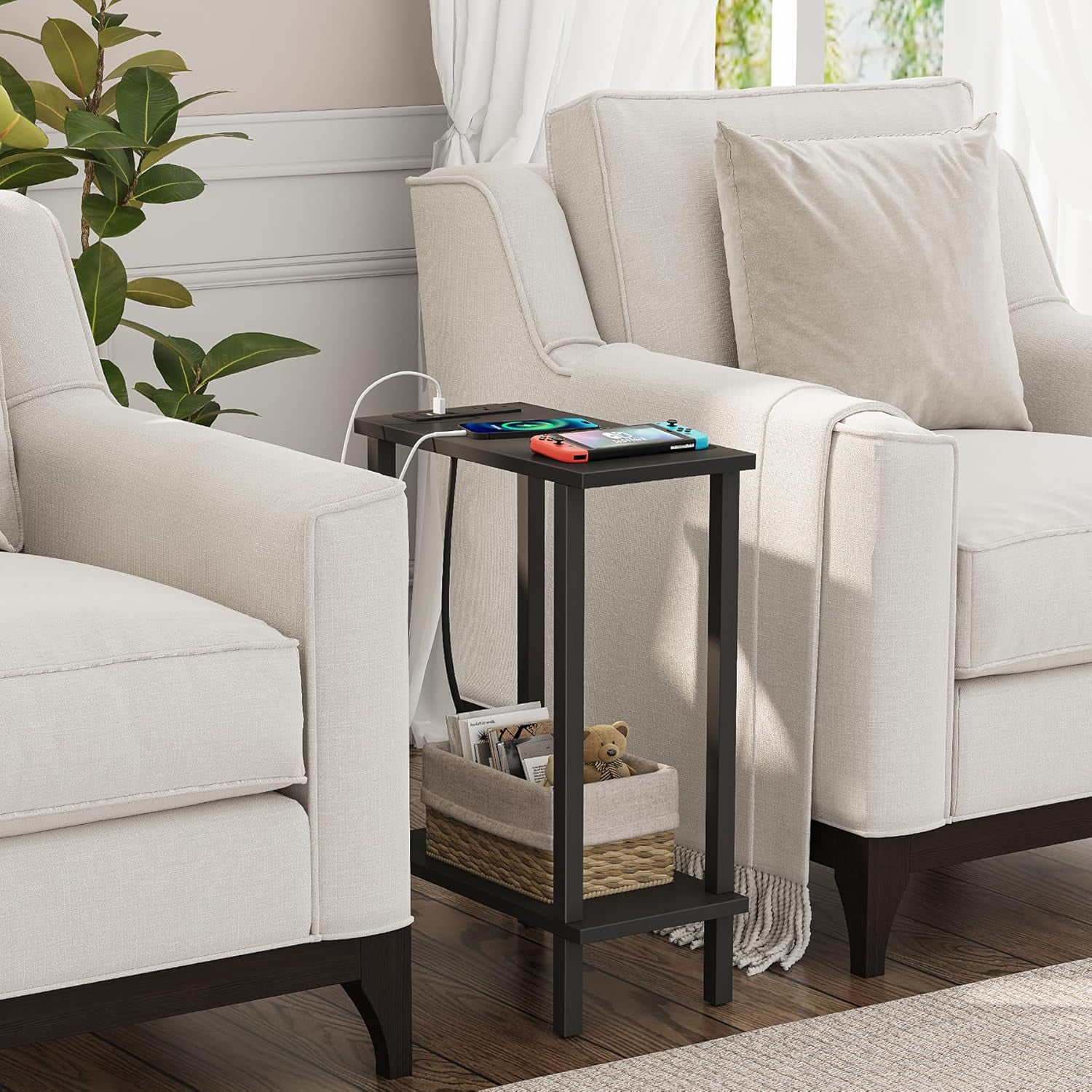 CYIHBOUR Narrow Side Table with Charging Station Small End Table with ...