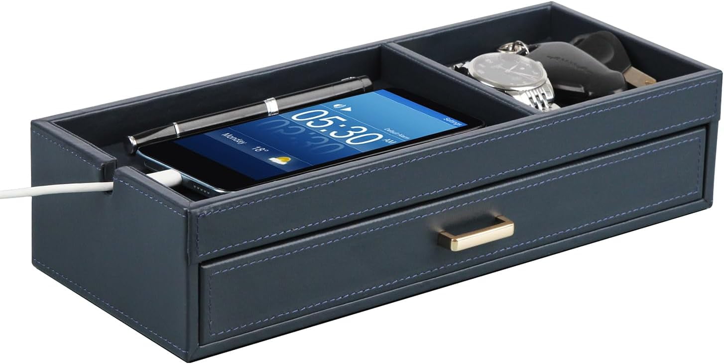CYIHBOUR Valet Jewelry Tray Organizer with Drawer Faux Leather Storage ...