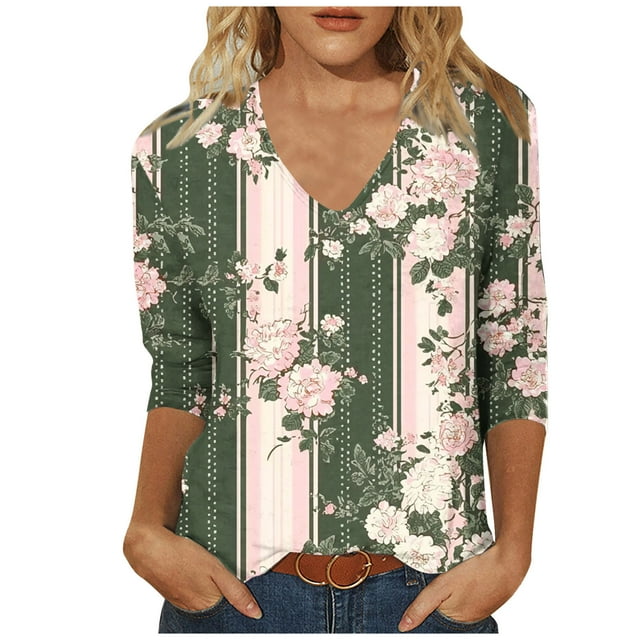 CYMMPU 3/4 Sleeve Blouses for Women Dressy Casual Floral Printed Spring ...