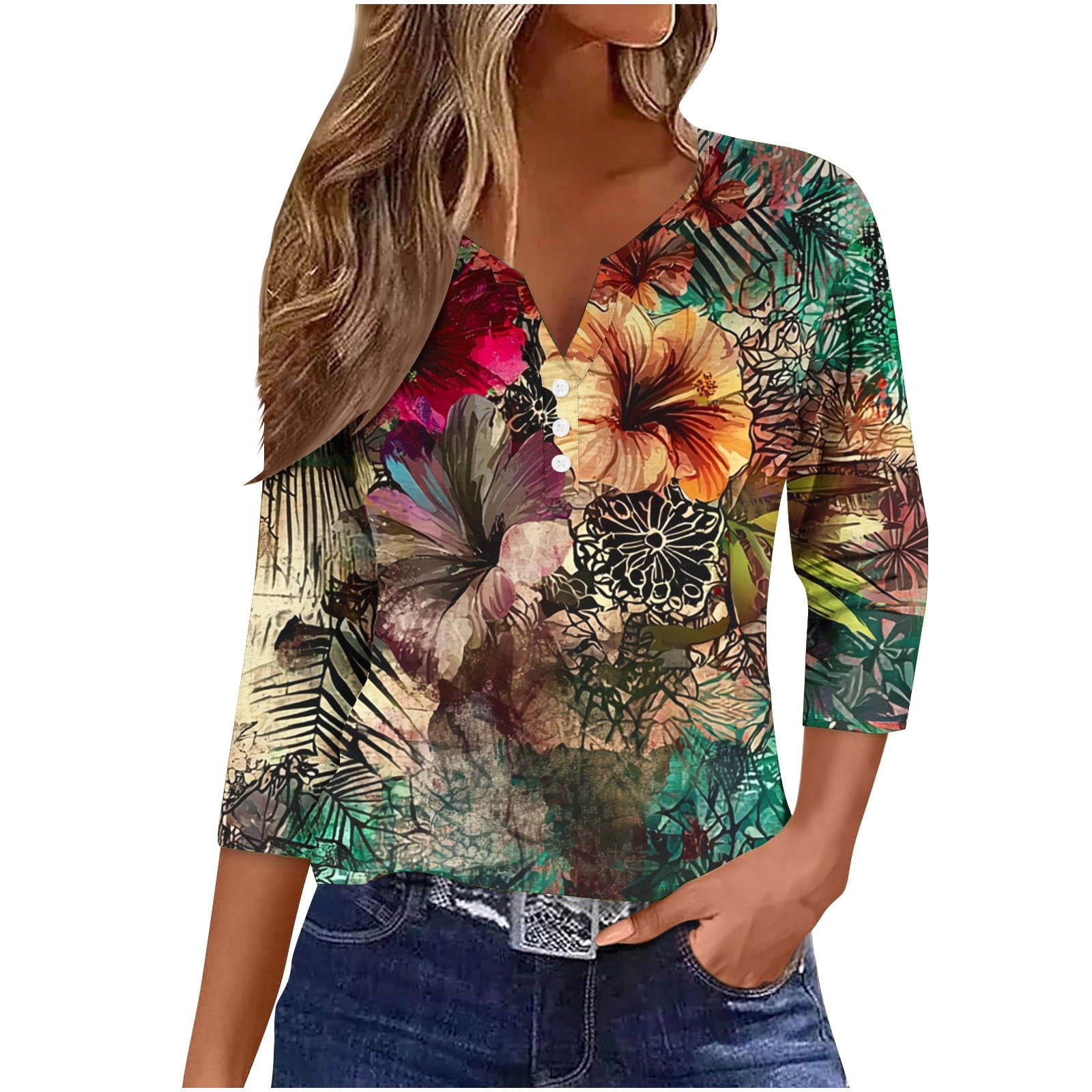 CYMMPU Basic Tees Plus Size Tunic Tops Western Printed 3/4 Length ...