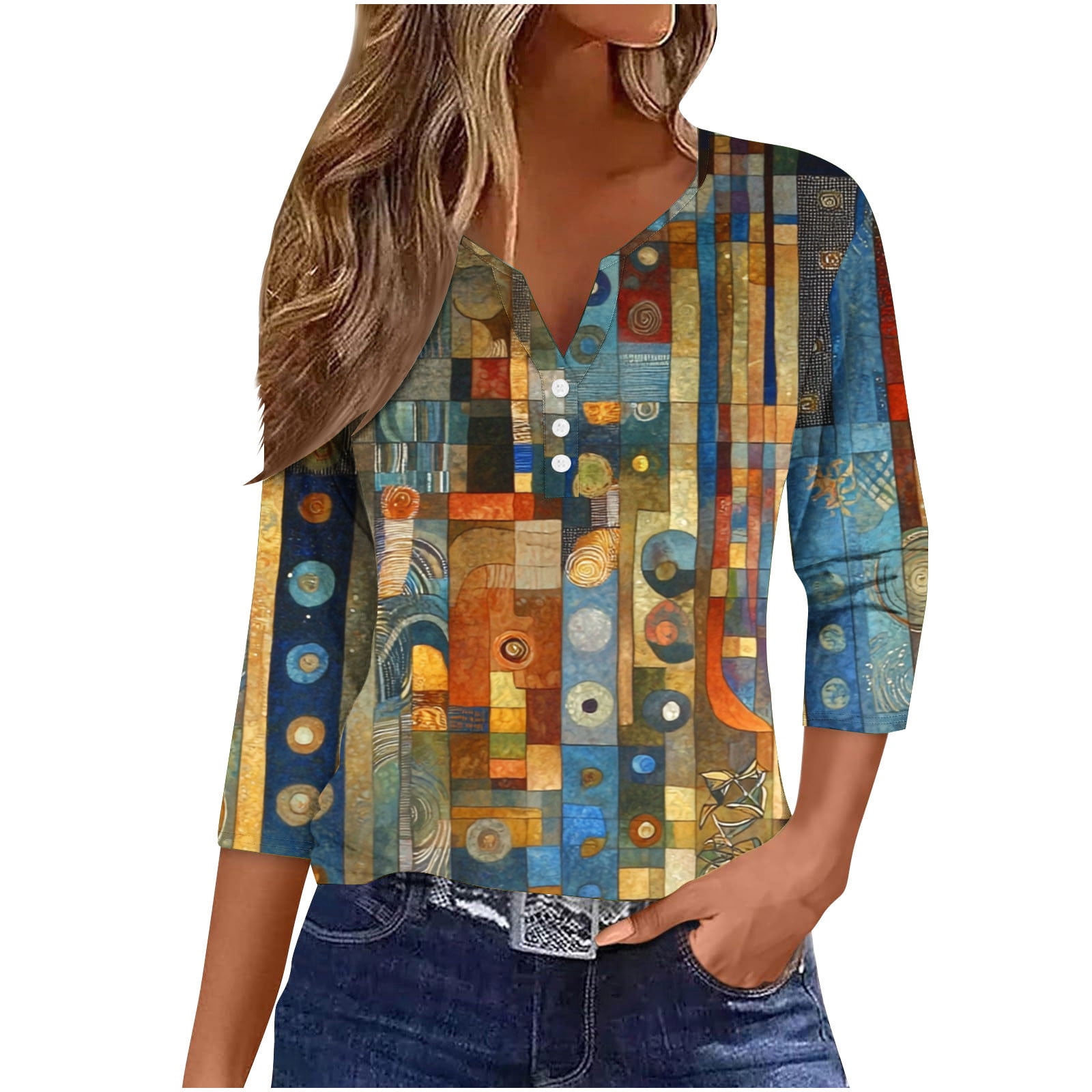 CYMMPU Basic Tees Plus Size Tunic Tops Western Printed 3/4 Length ...
