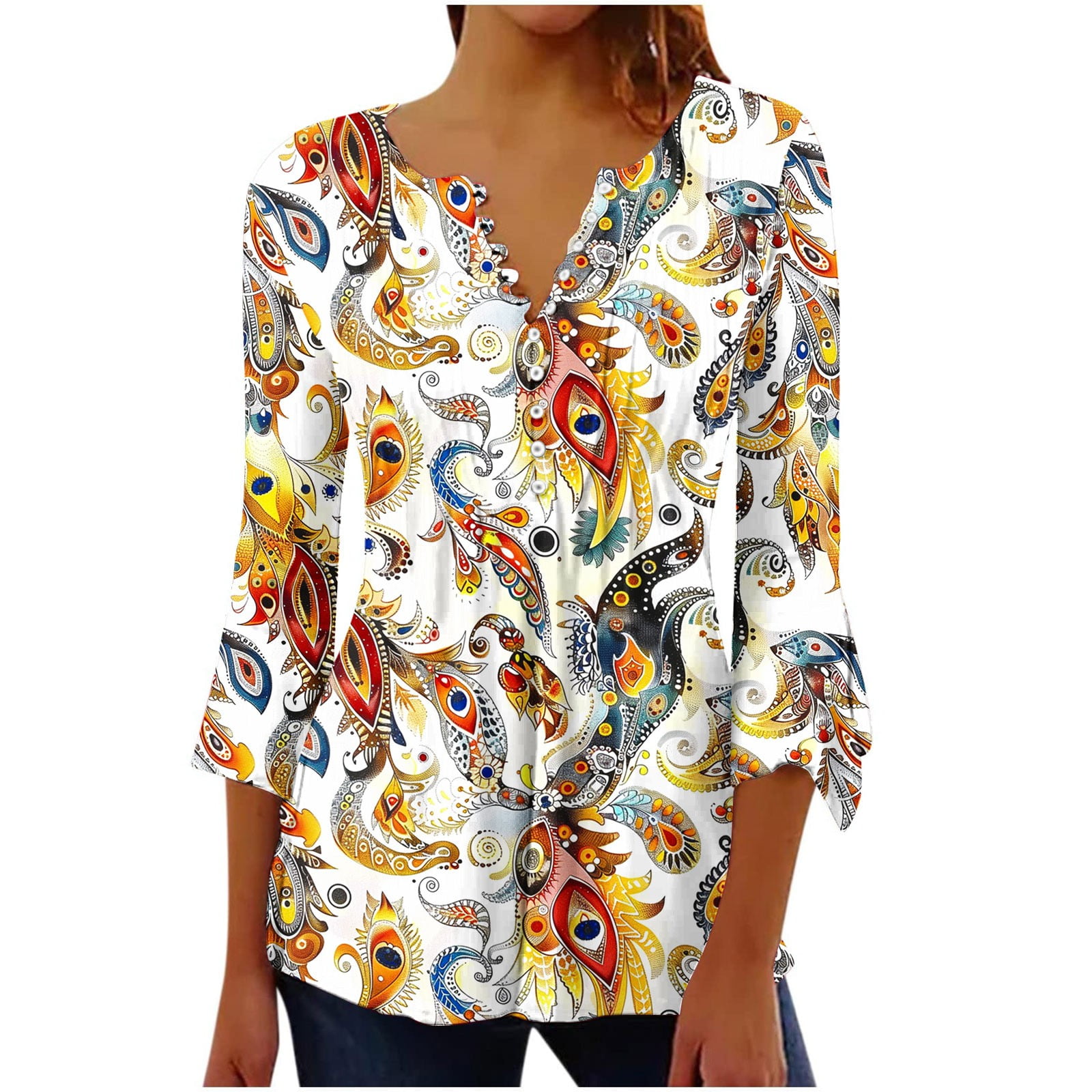 CYMMPU Blouses for Women Dressy Casual Button V Neck Flare Sleeve ...