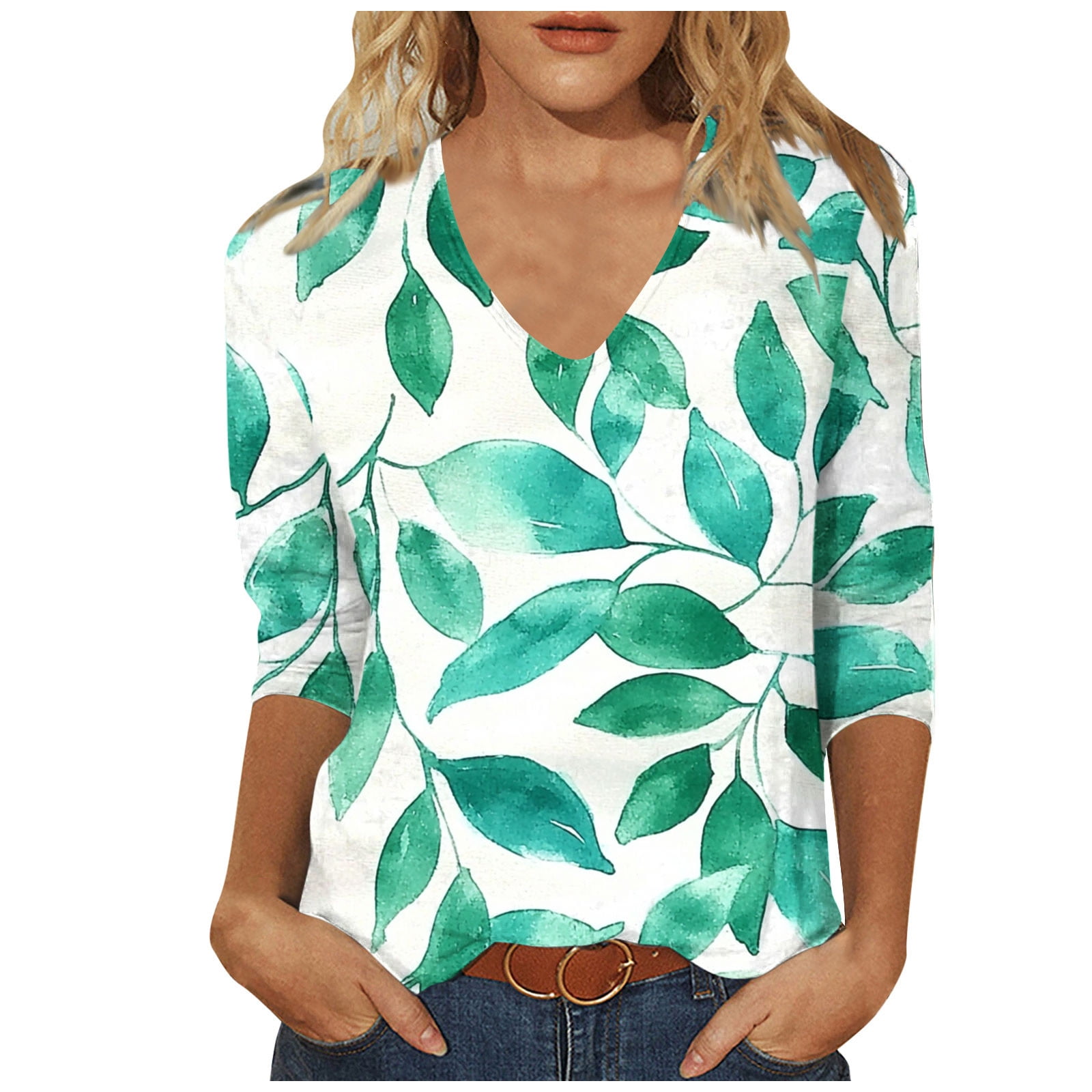 CYMMPU Fall Trendy Shirts 3/4 Sleeve V Neck Spring Tunic Tops Floral ...