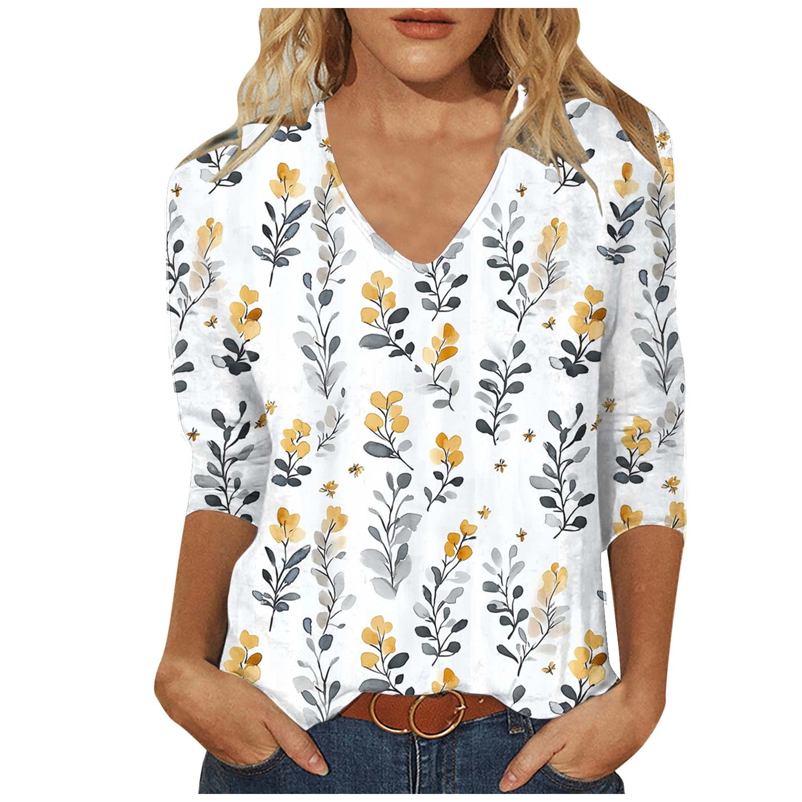 CYMMPU Floral Pattern 3/4 Sleeve Blouses for Women Dressy Casual V Neck ...