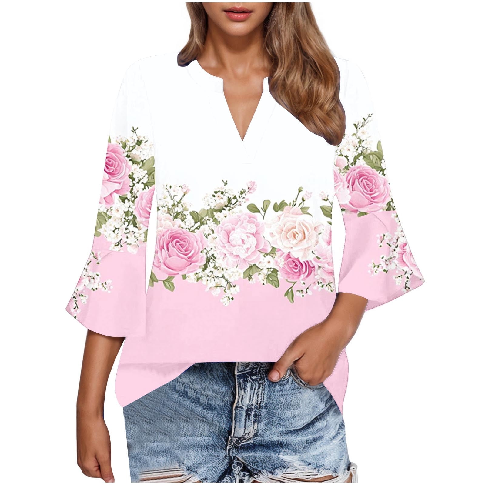 CYMMPU Floral Pattern 3/4 Sleeve Summer Trendy Shirts Loose Fit V Neck ...