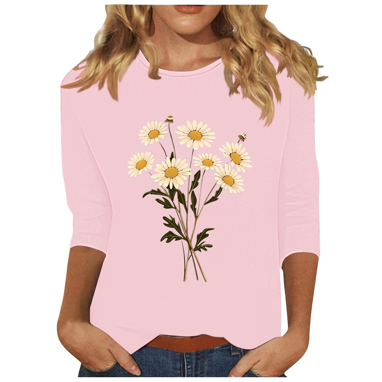 CYMMPU Flower Pattern 3/4 Sleeve Spring Tops Crew Neck Tunic Tops Loose ...