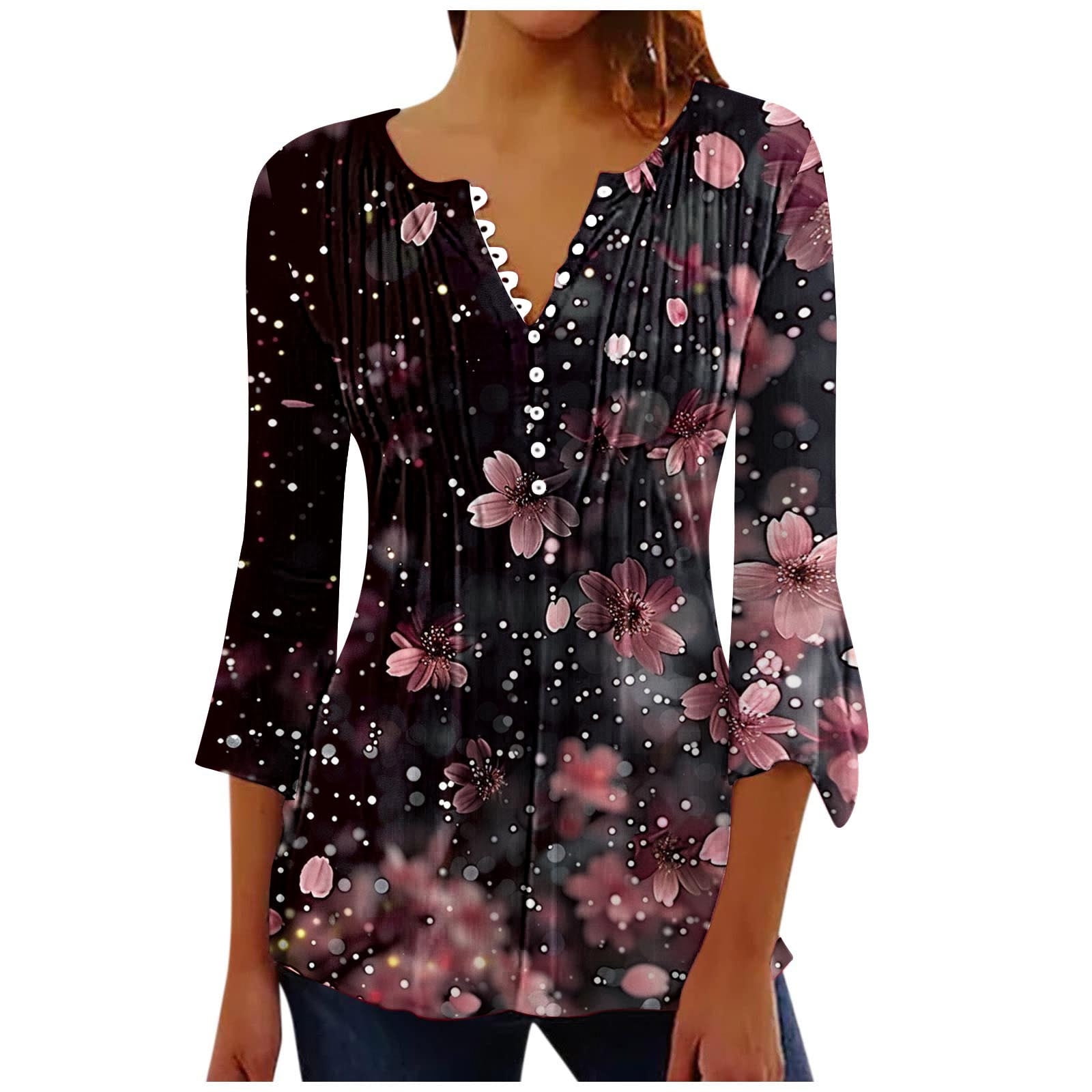 CYMMPU Flower Pattern Button V Neck Flare Sleeve Blouses for Women ...