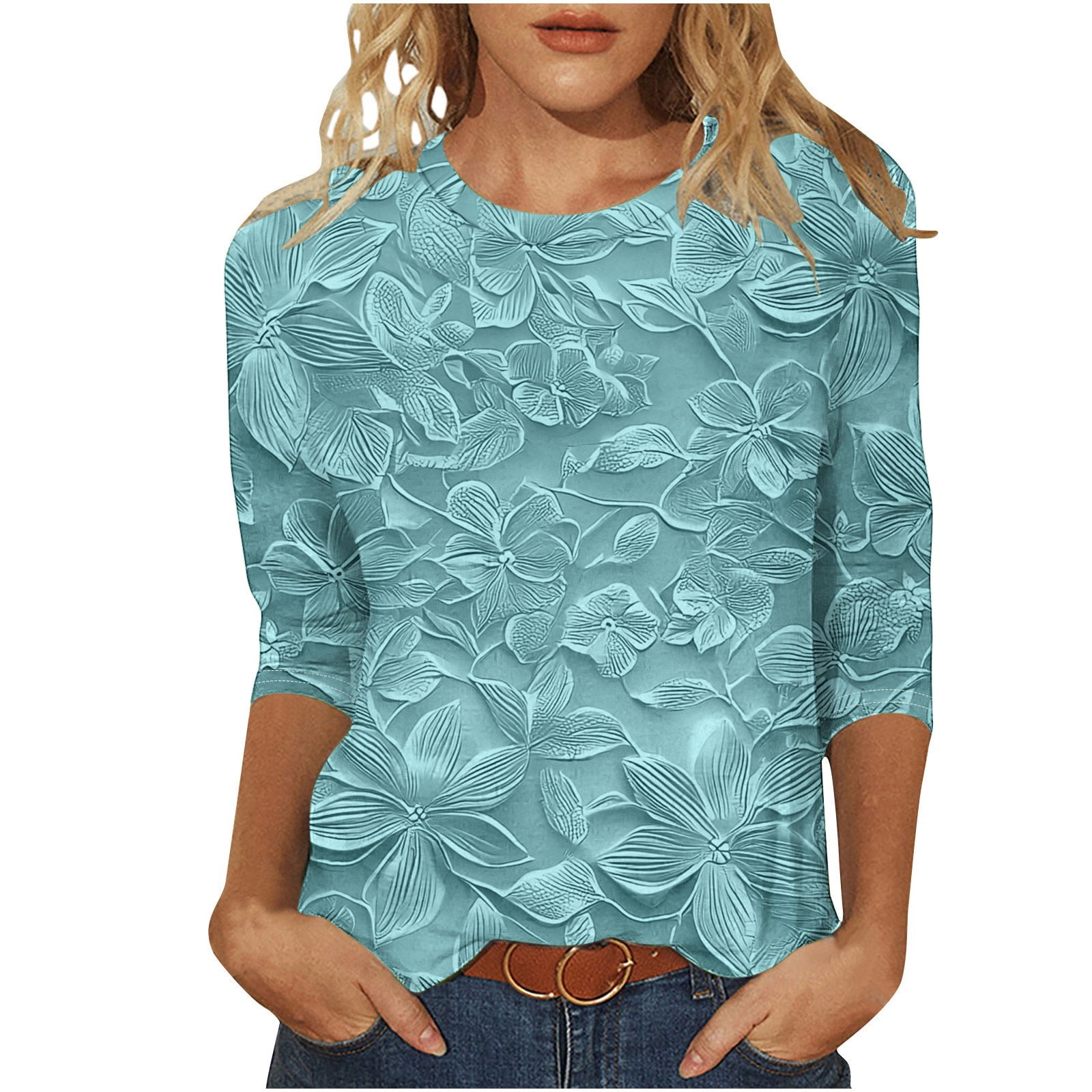 CYMMPU Flower Pattern Crew Neck Blouses for Women Dressy Casual 3/4 ...