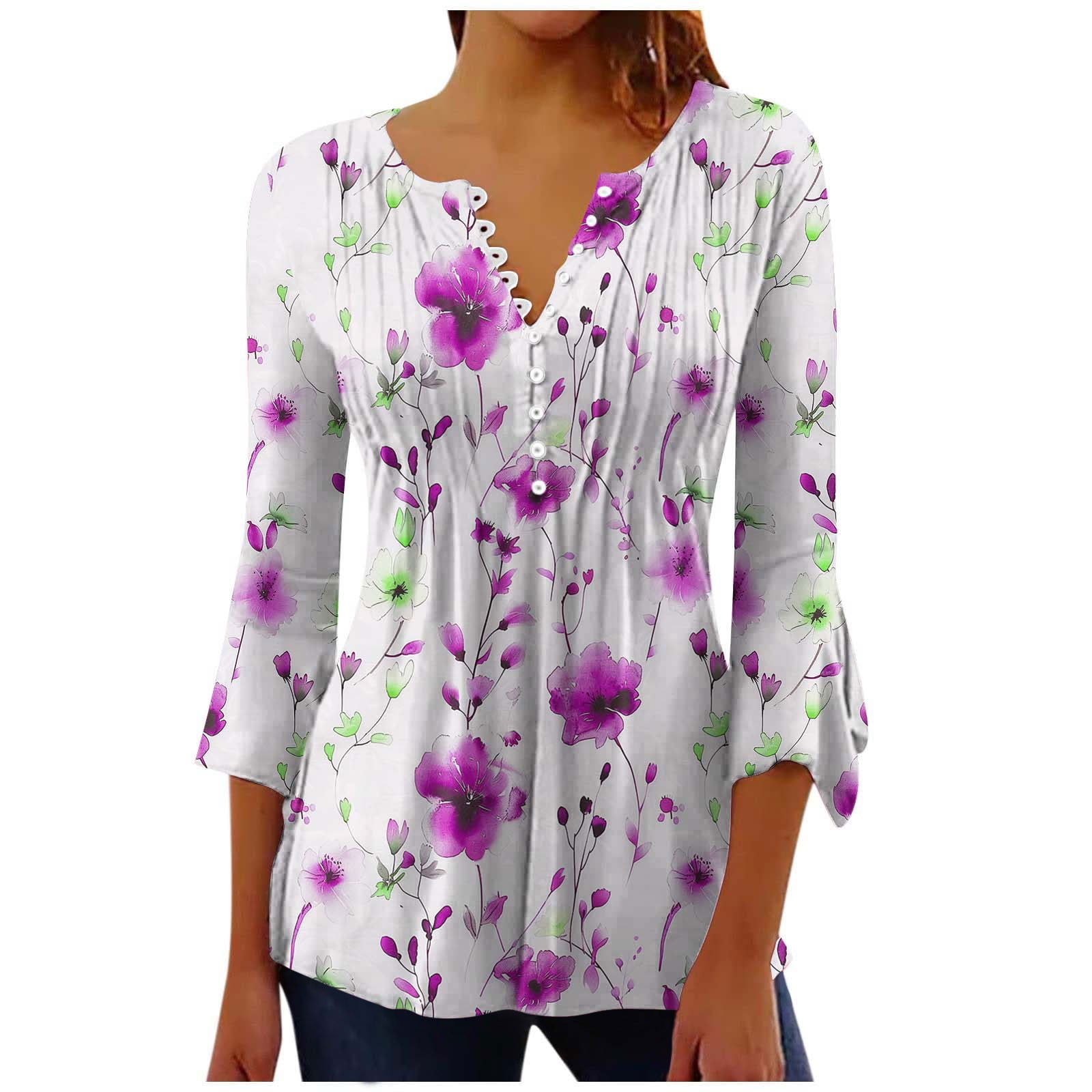 CYMMPU Loose Fit Button V Neck Flare Sleeve Fall Trendy Shirts Blouses ...