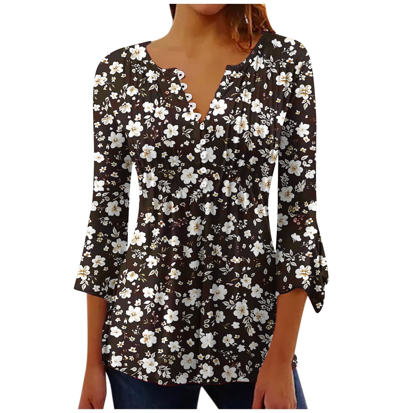 CYMMPU Loose Fit Button V Neck Flare Sleeve Spring Tops 3/4 Sleeve ...