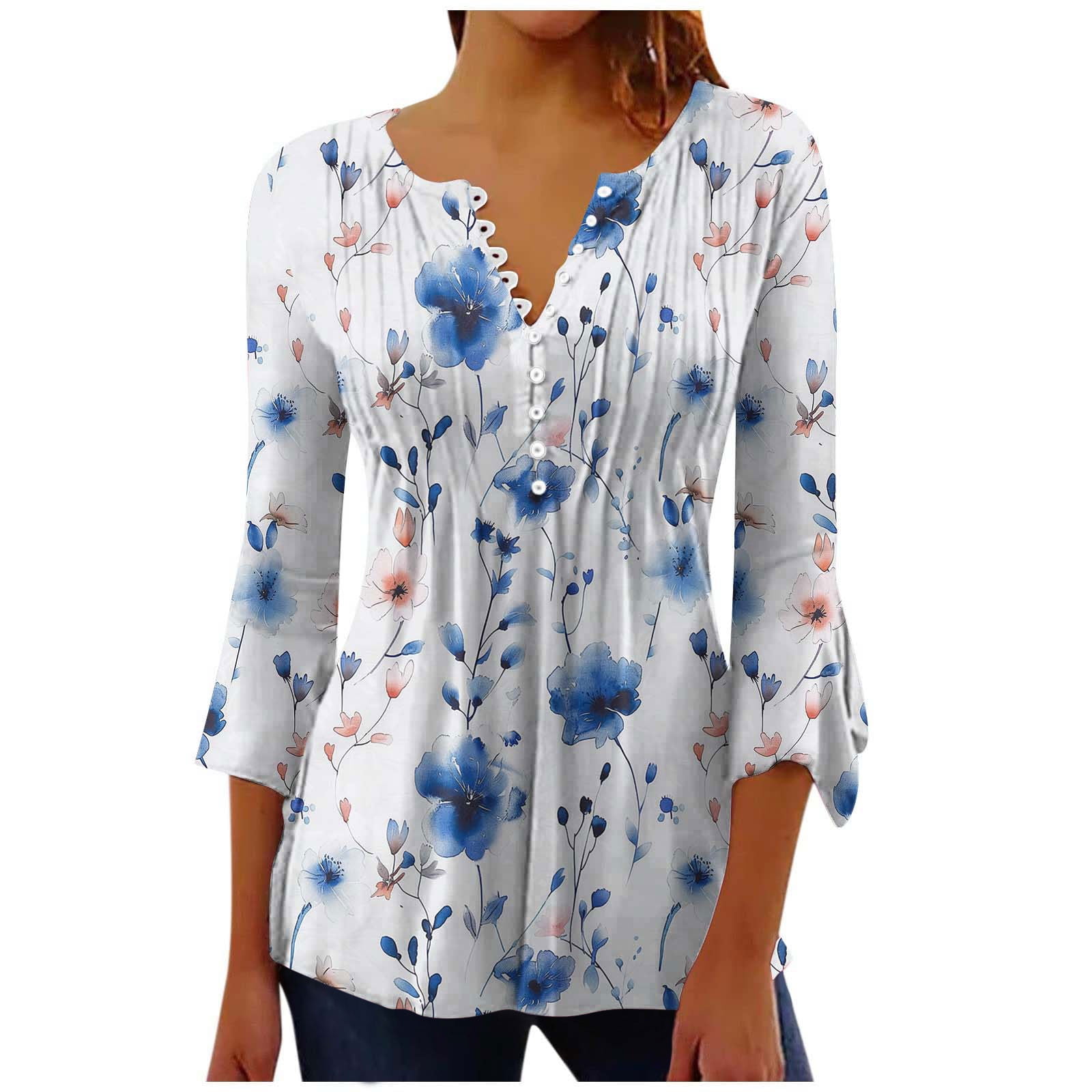 CYMMPU Loose Fit Button V Neck Flare Sleeve Summer Trendy Shirts ...