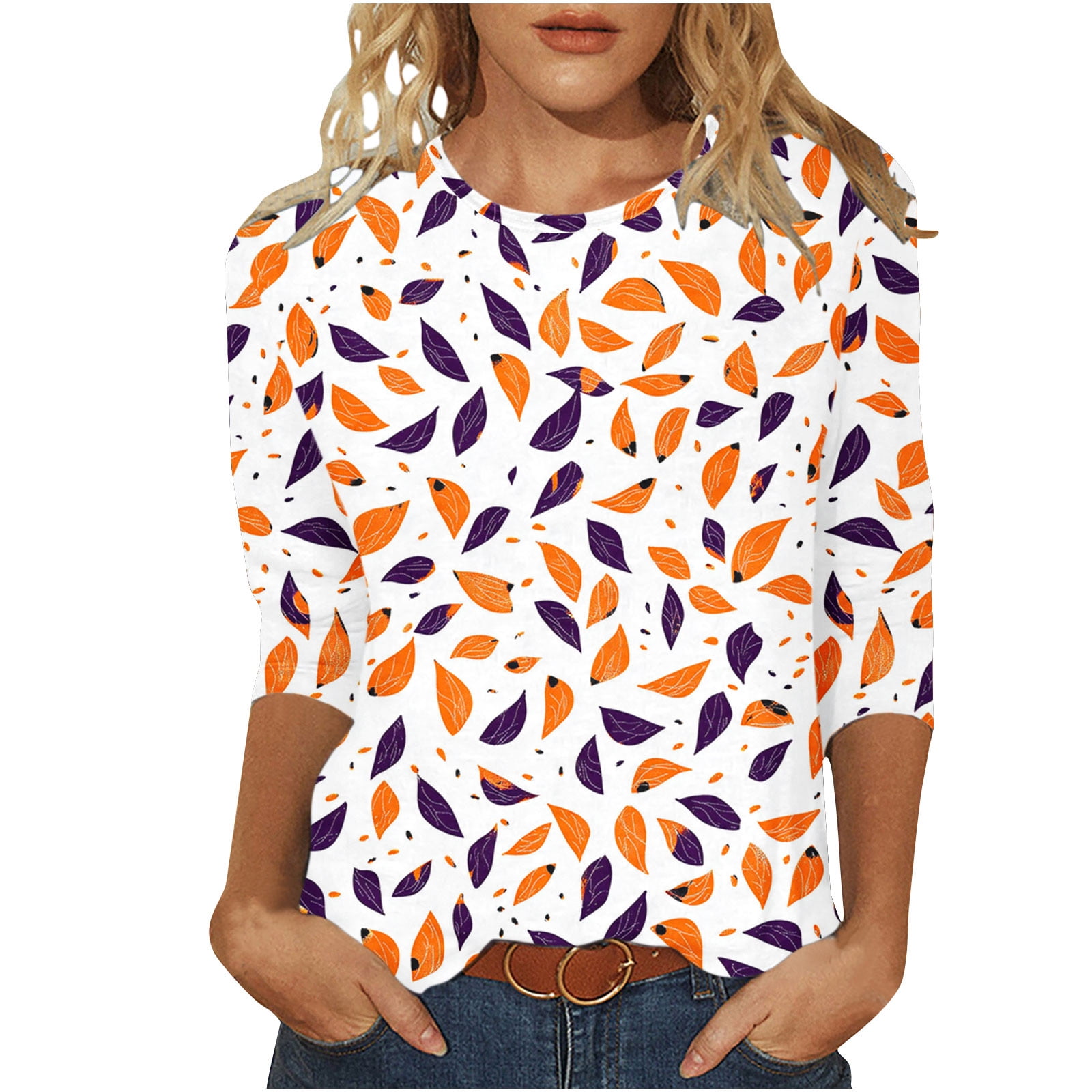 CYMMPU Loose Fit Crew Neck Flower Pattern Blouses for Women Dressy ...