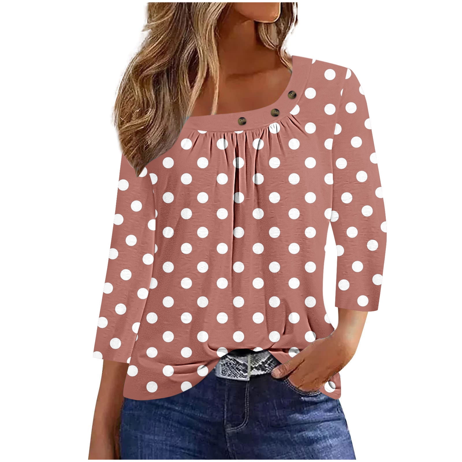 CYMMPU Pleated Slanted Neck Floral Printed 3/4 Length Sleeve Plus Size ...