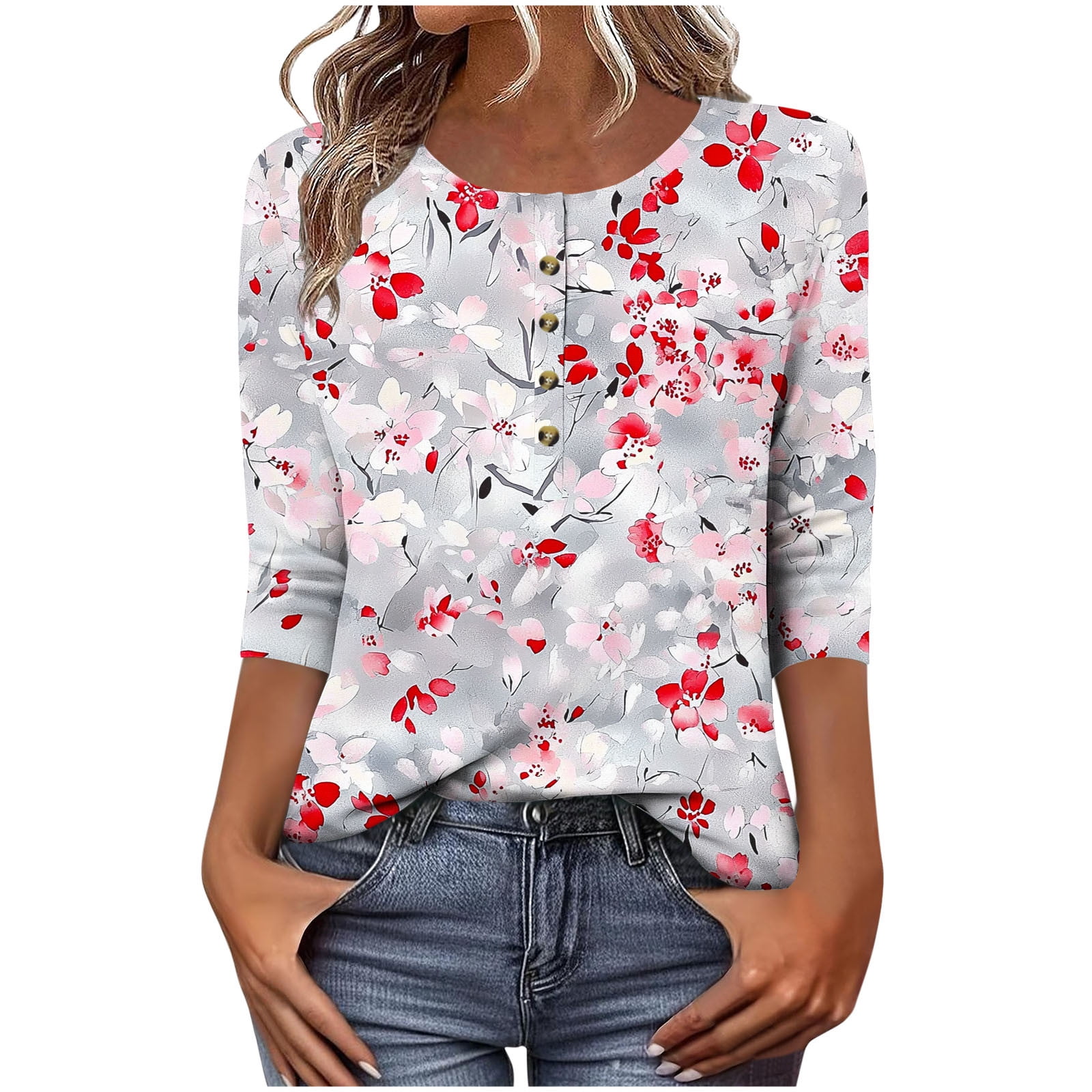 CYMMPU Shirts Floral Printed 3/4 Length Sleeve Basic Tees Summer Fall ...
