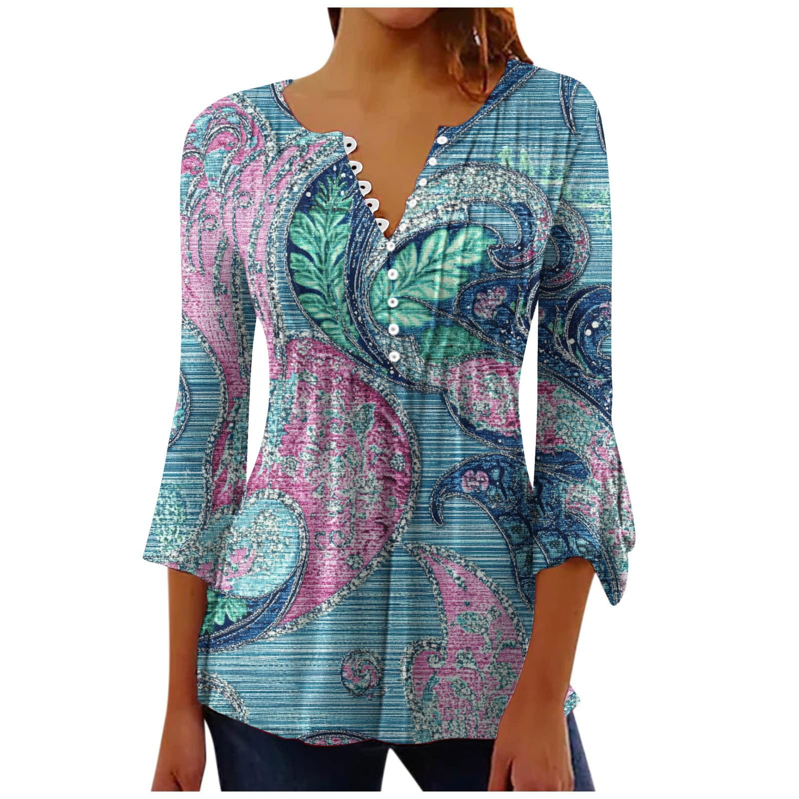 CYMMPU Spring Tops Button V Neck Flare Sleeve Fall Trendy Shirts Flower ...
