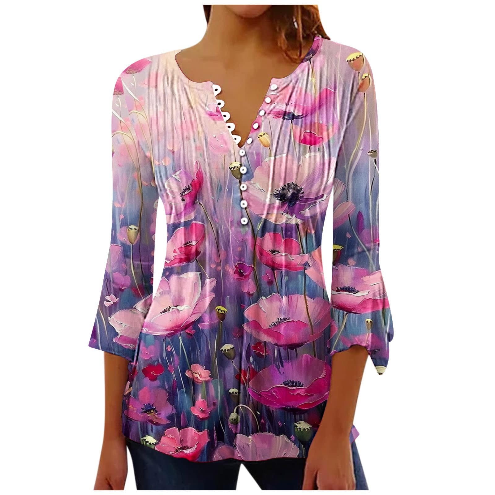 CYMMPU Spring Tops Button V Neck Flare Sleeve Loose Fit Blouses for ...