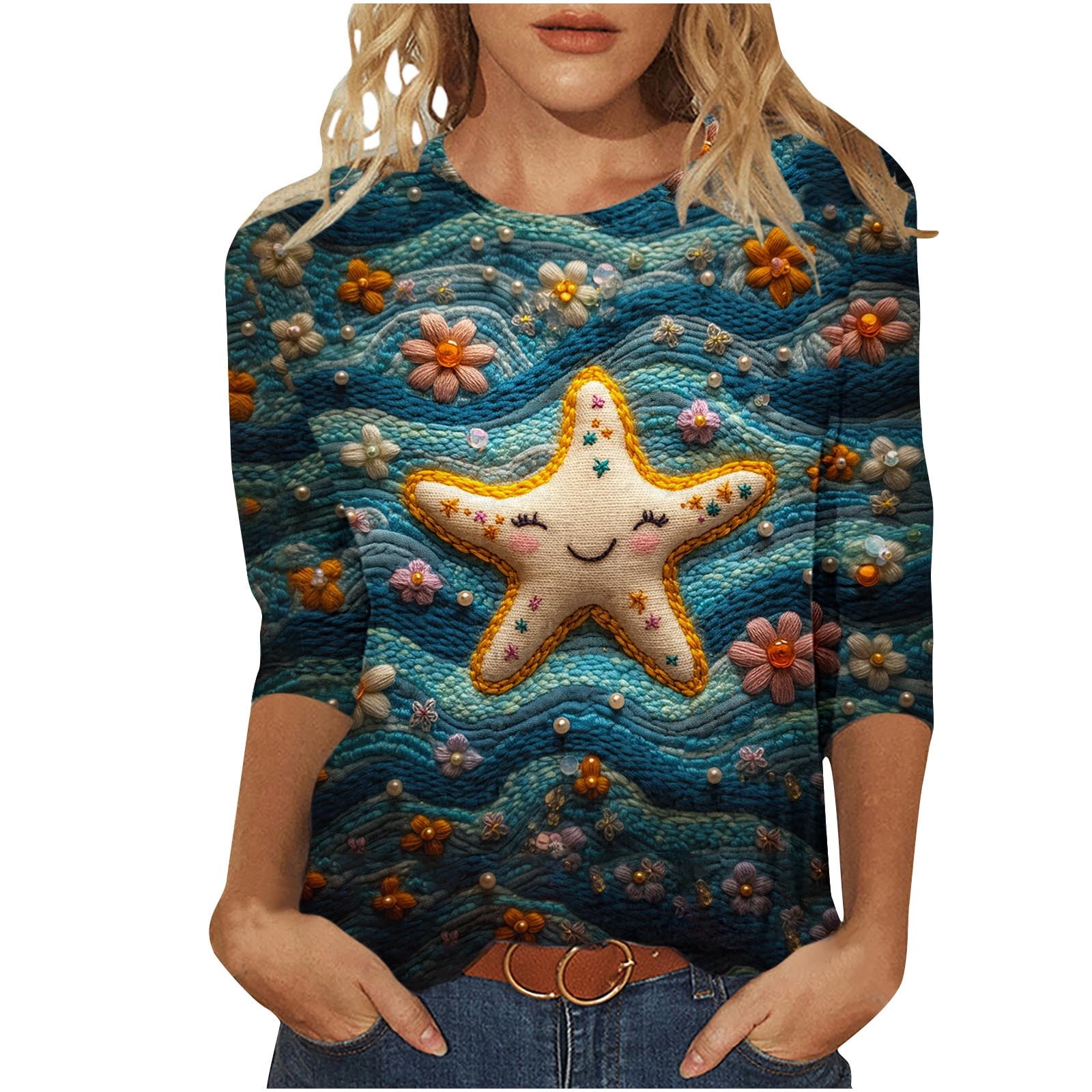 CYMMPU Spring Tops Crew Neck Floral Pattern Loose Fit Tunic Tops 3/4 ...