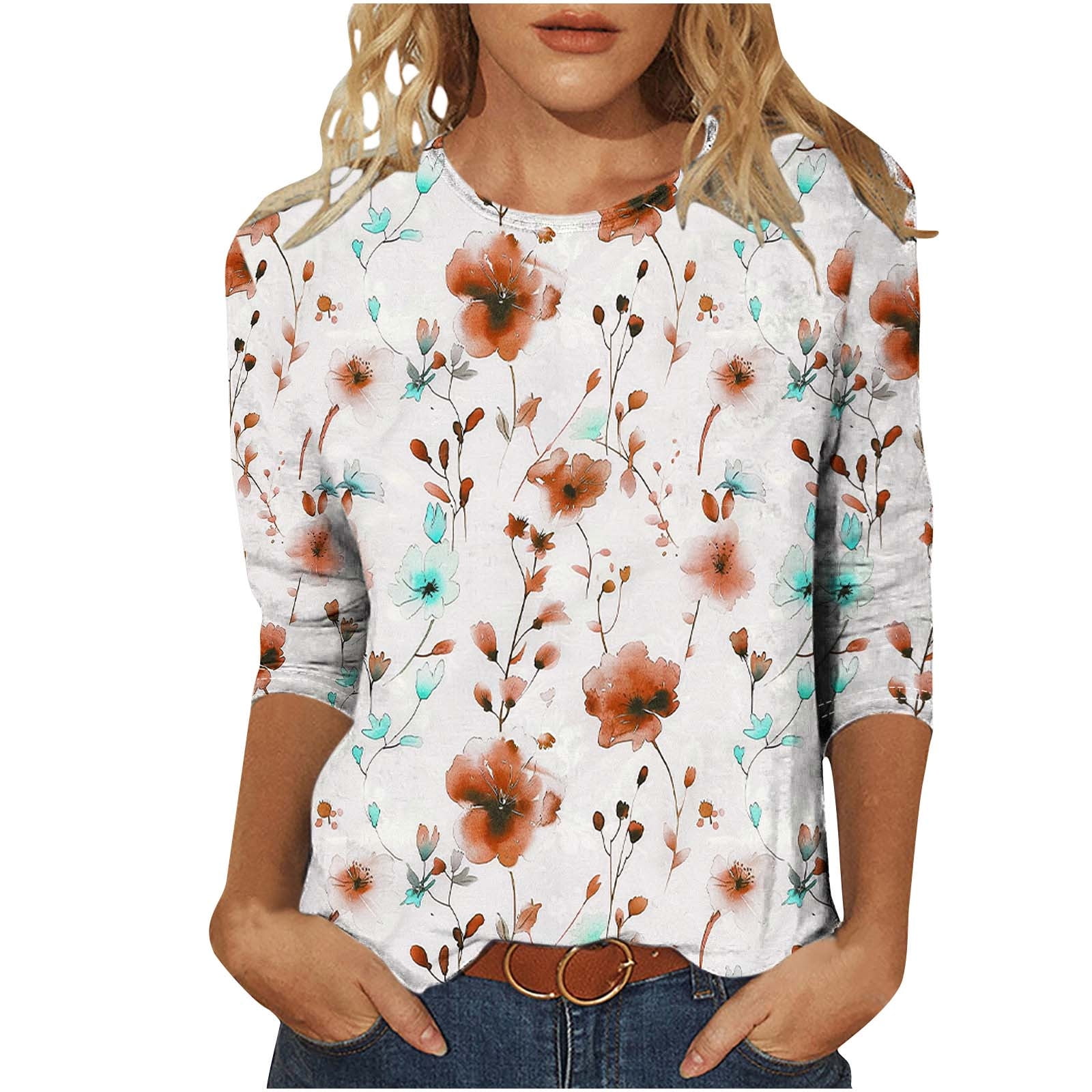 CYMMPU Spring Tops Crew Neck Loose Fit Floral Printed Blouses for Women ...