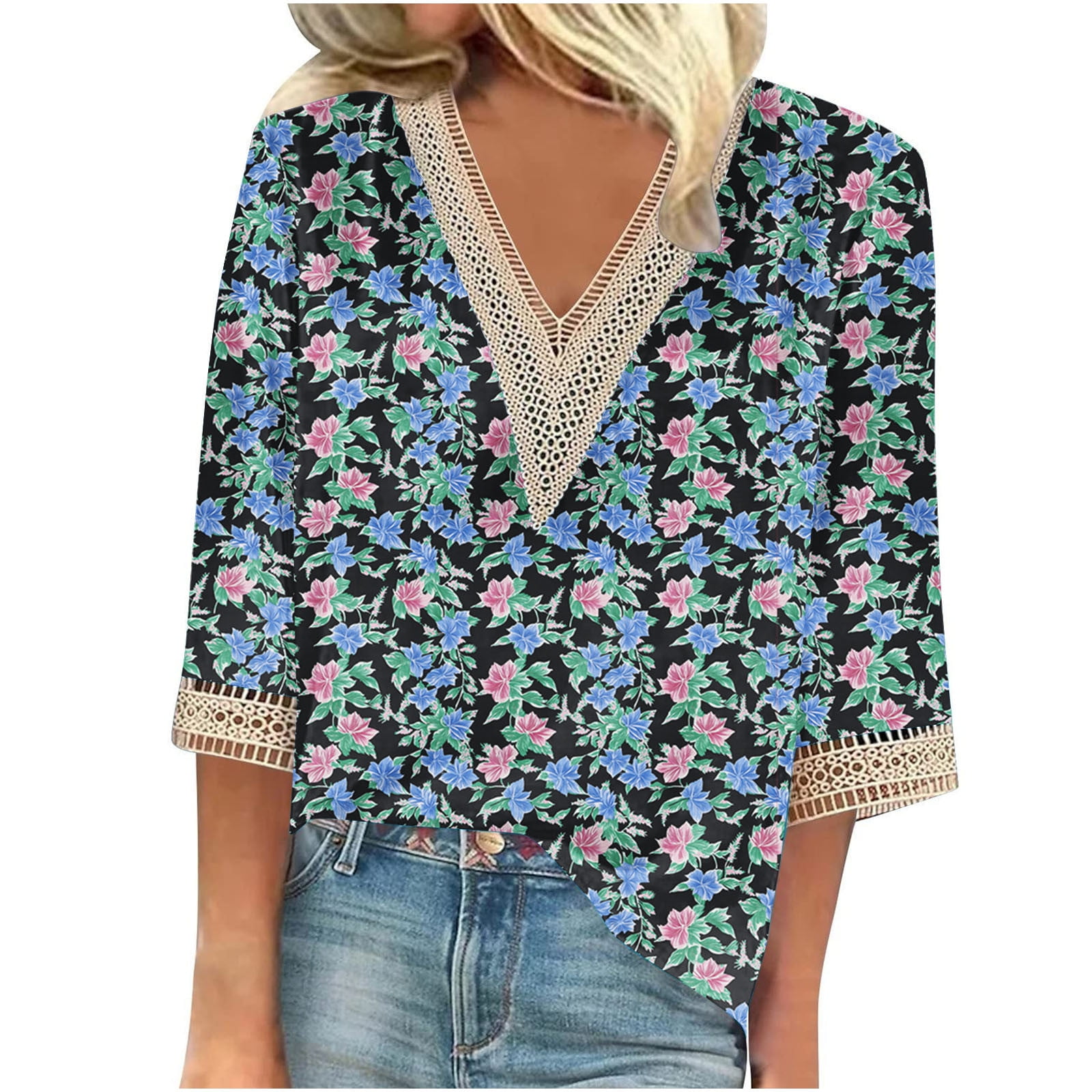 CYMMPU Spring Tops Lace V Neck Tunic Tops Floral Printed Loose Fit 3/4 ...